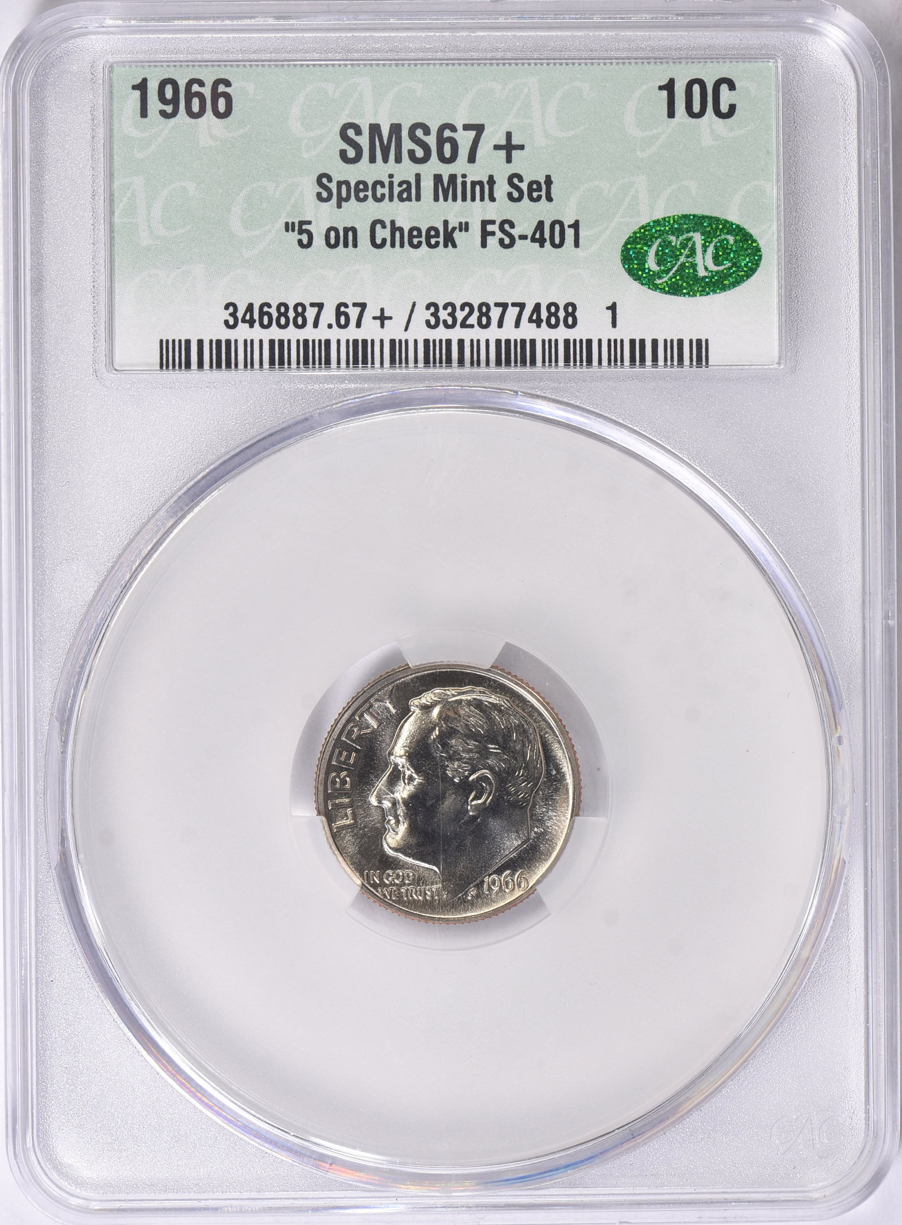 1966 Roosevelt Dime 5 on Cheek SMS FS-401 CACG SP-67+ | CACG Cert ...