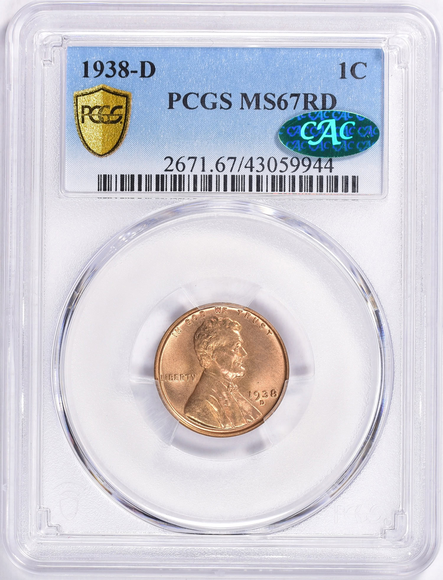 1938-D Lincoln Cent PCGS MS-67 RD (CAC Green) (Item 1742400) | GreatCollections Coin Auctions