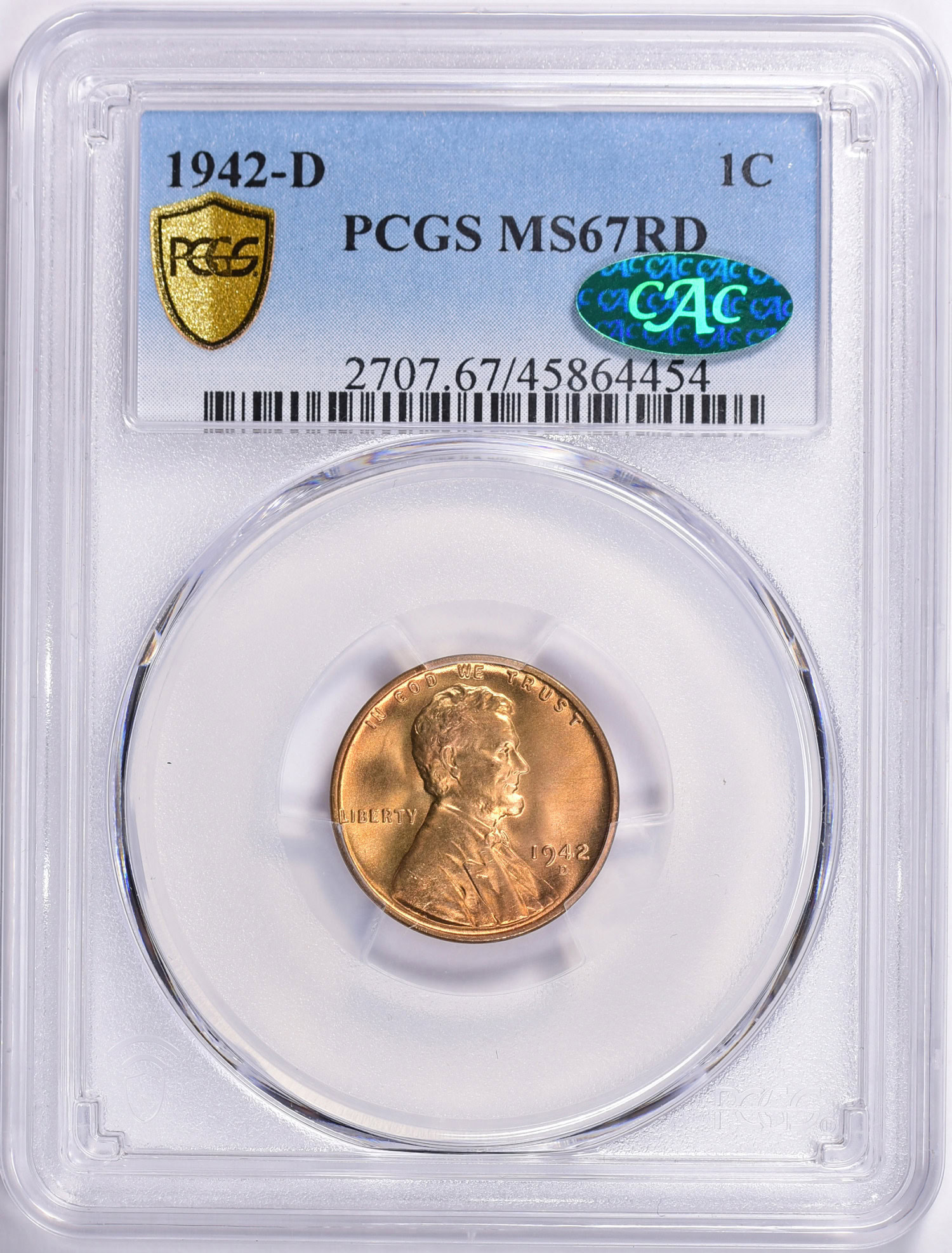 1942-D Lincoln Cent PCGS MS-67 RD (CAC Green) (Item 1742402) | GreatCollections Coin Auctions