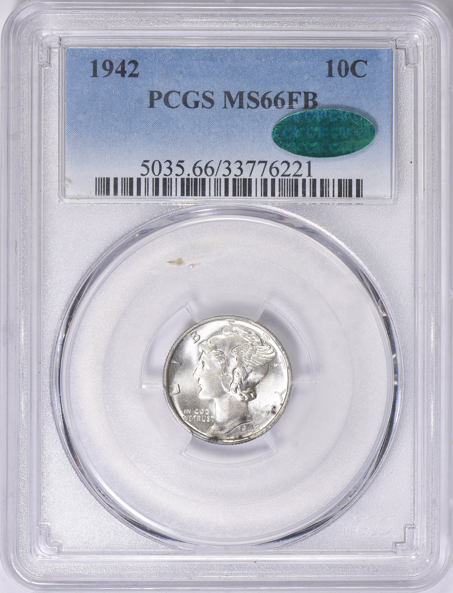 1942 Mercury Dime PCGS MS-66 FB (CAC Green) (Item 1742566) | GreatCollections Coin Auctions