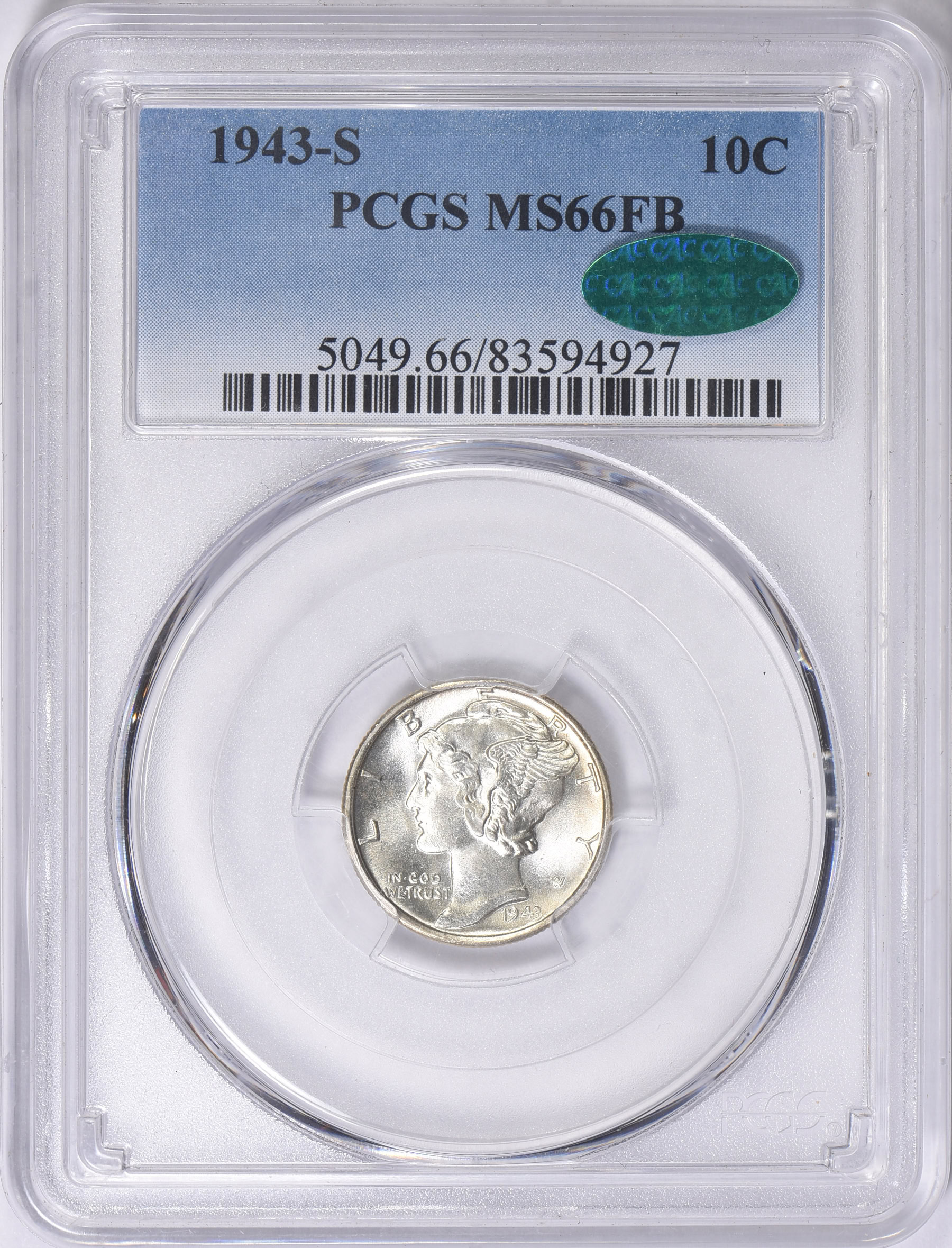 1943-S Mercury Dime PCGS MS-66 FB (CAC Green) (Item 1742569) | GreatCollections Coin Auctions