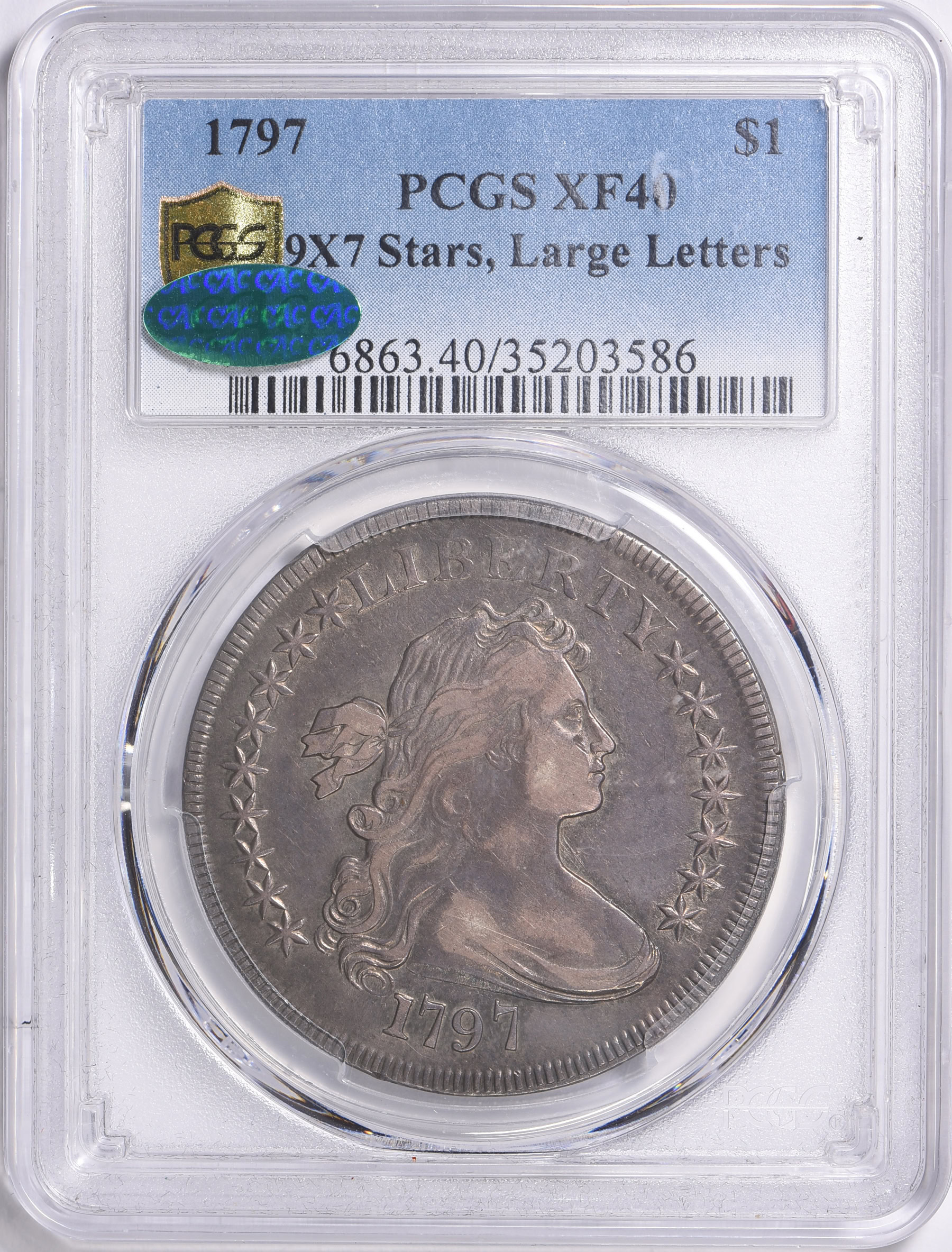 1797 Draped Bust Silver Dollar 9x7 Stars, Large Letters PCGS XF-40 (CAC Green) (Item 1742708 ...