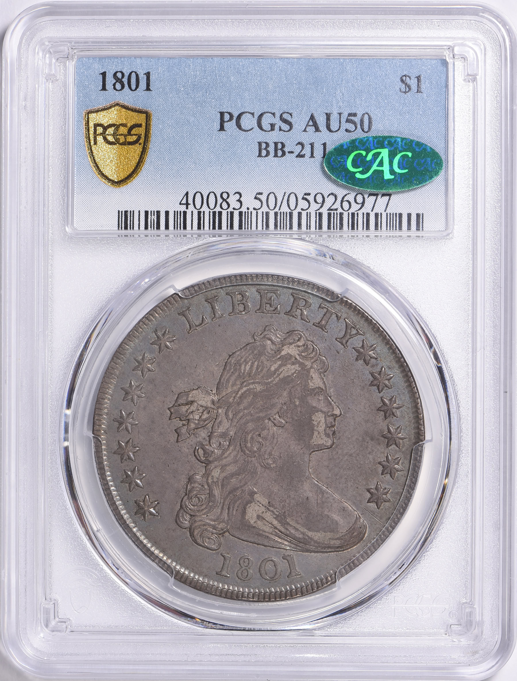 1801 Draped Bust Silver Dollar B-1 BB-211 PCGS AU-50 (CAC Green) (Item ...
