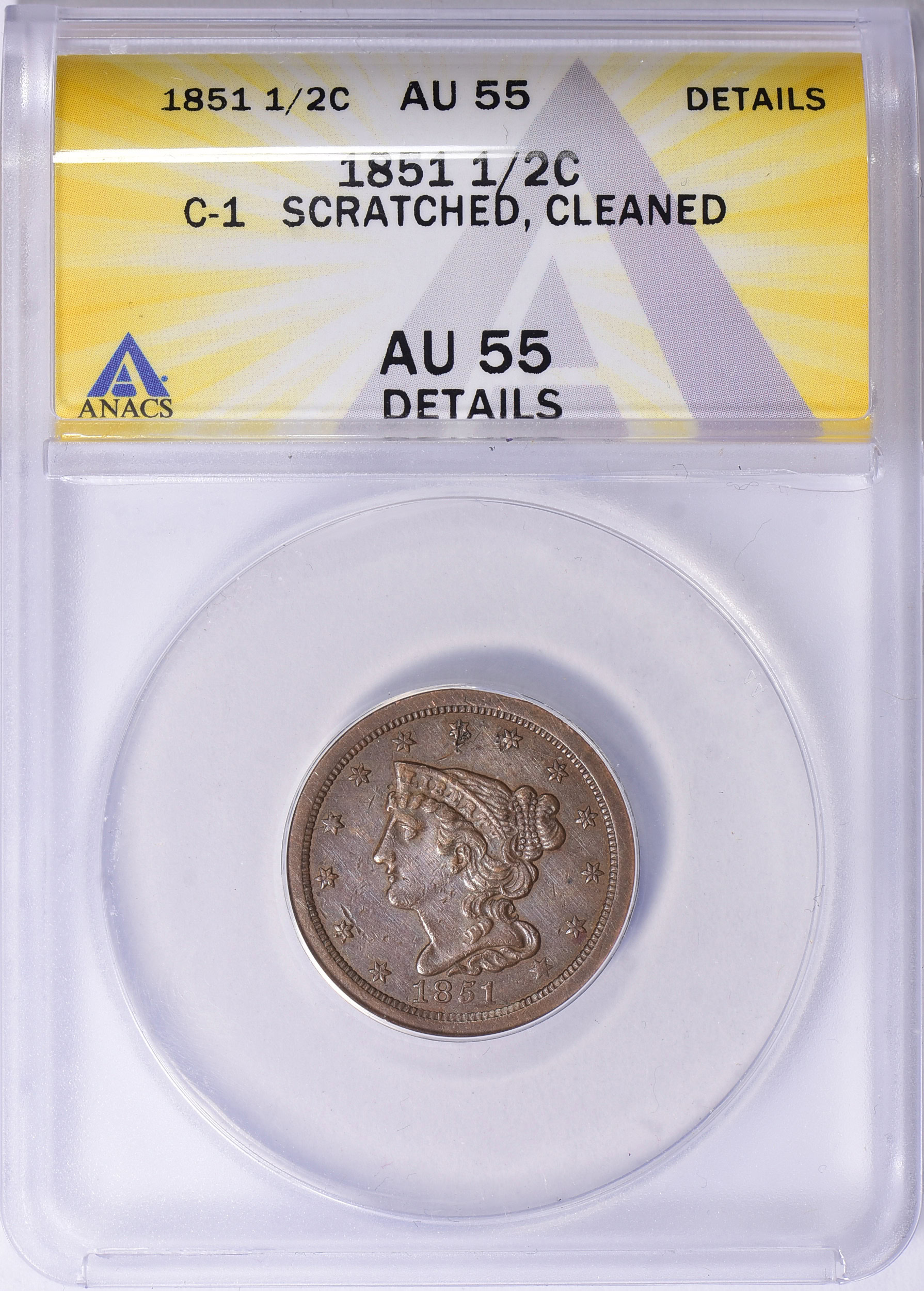 1851 Braided Hair Half Cent Cohen 1 ANACS AU-55 Details (Item 1742724) | GreatCollections Coin ...