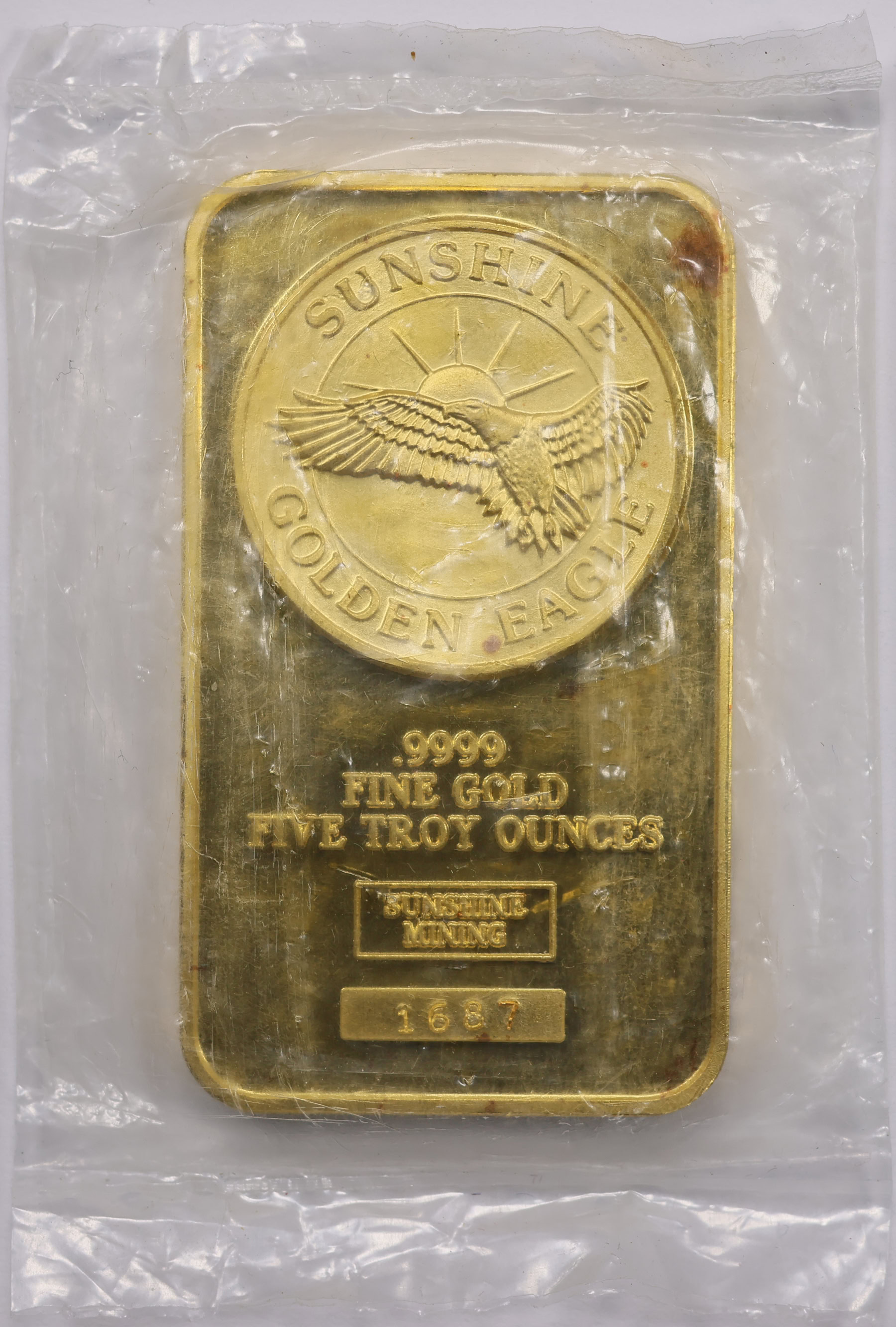 ND Gold 5oz Sunshine Minting Company Ingot/Bar Uncertified (AGW = 4.995 ...