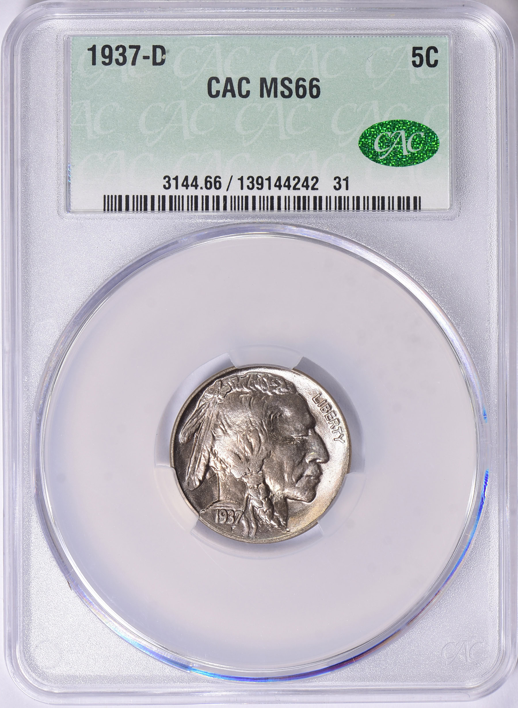 1937-D Buffalo Nickel CACG MS-66 (Item 1742853) | GreatCollections Coin Auctions
