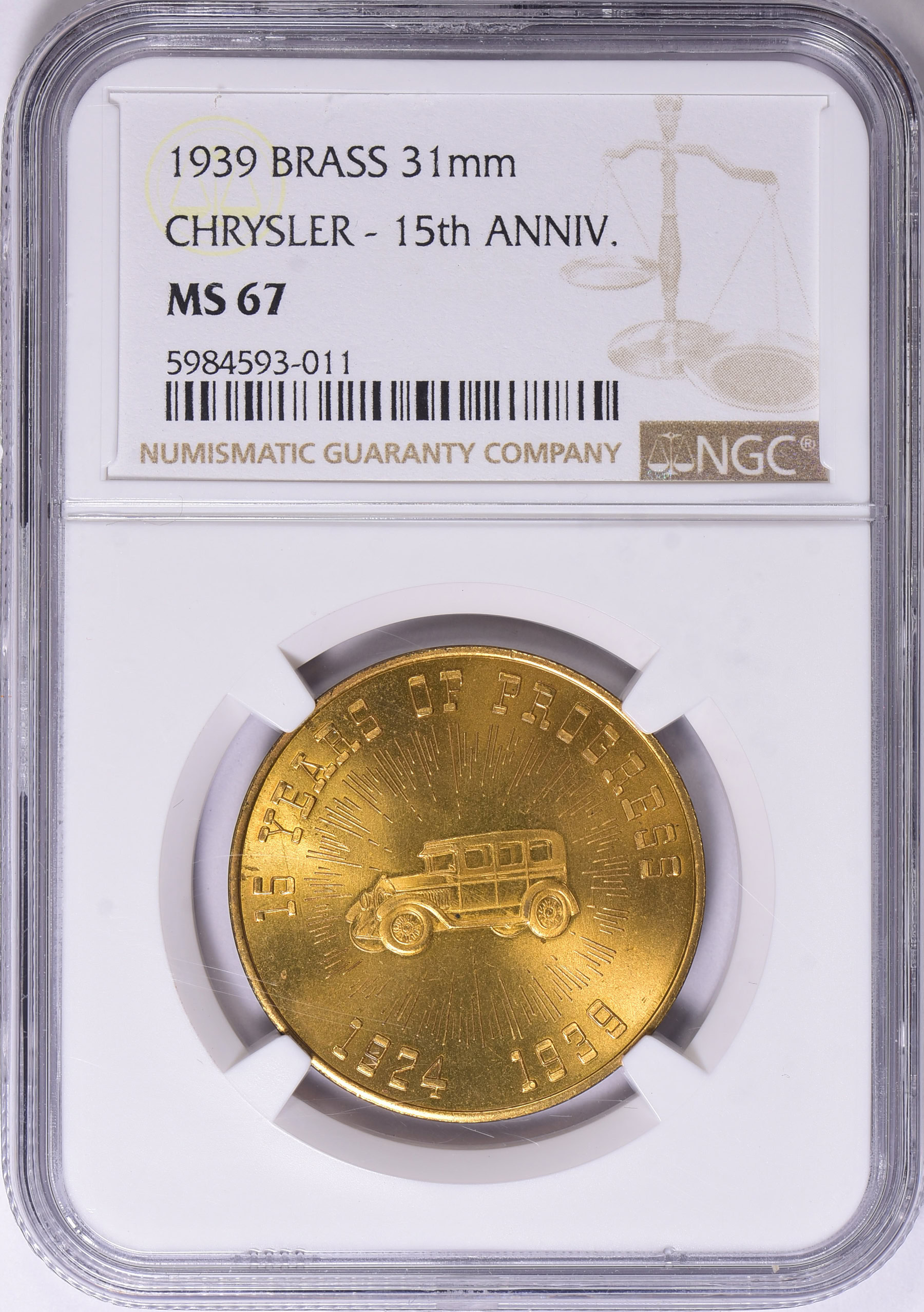 1939 Brass 31mm Chrysler 15th Anniversary Medal NGC MS-67 | NGC Cert ...