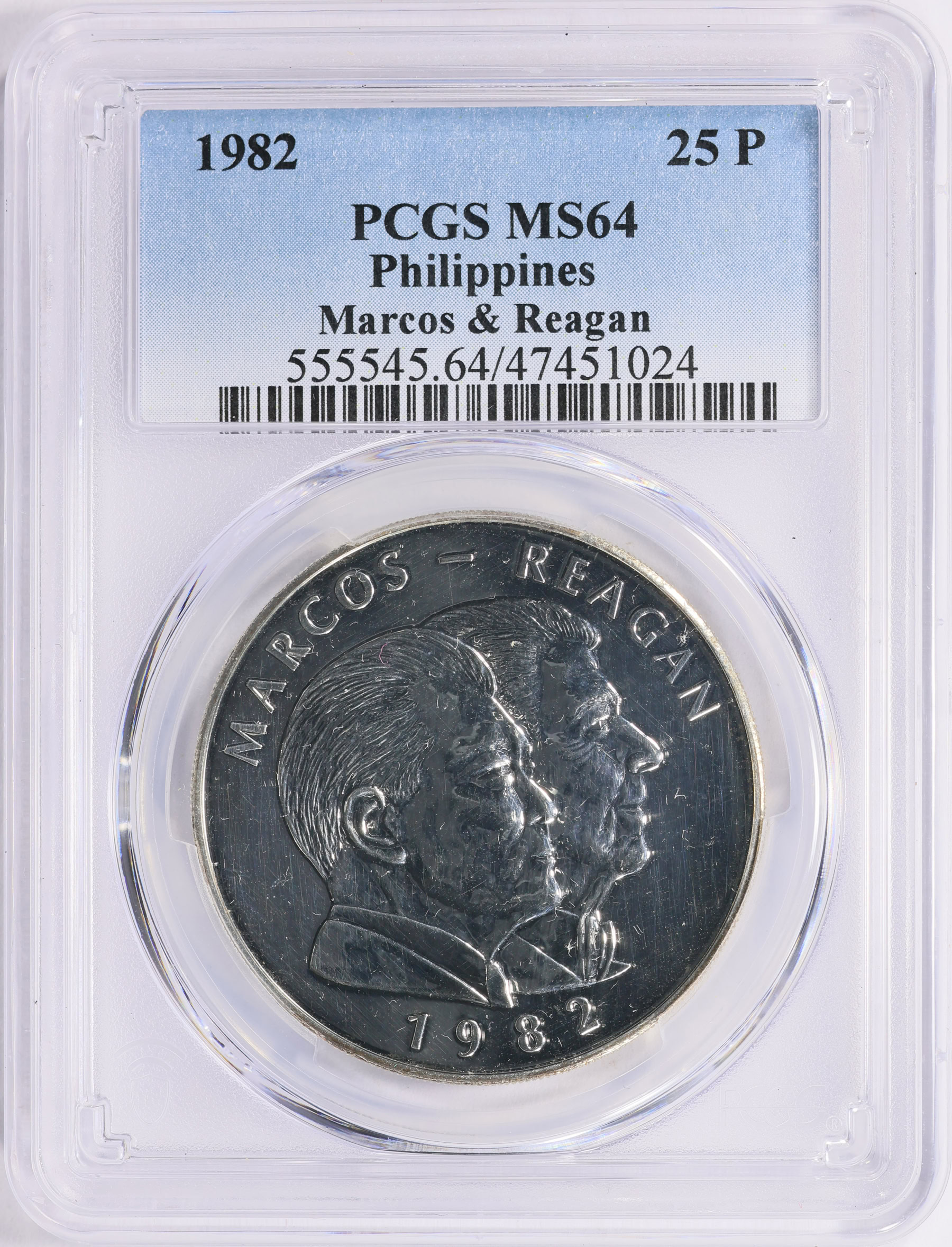 Philippines 1982 Silver 25 Piso Marcos & Reagan KM-235 PCGS MS-64 (Item ...