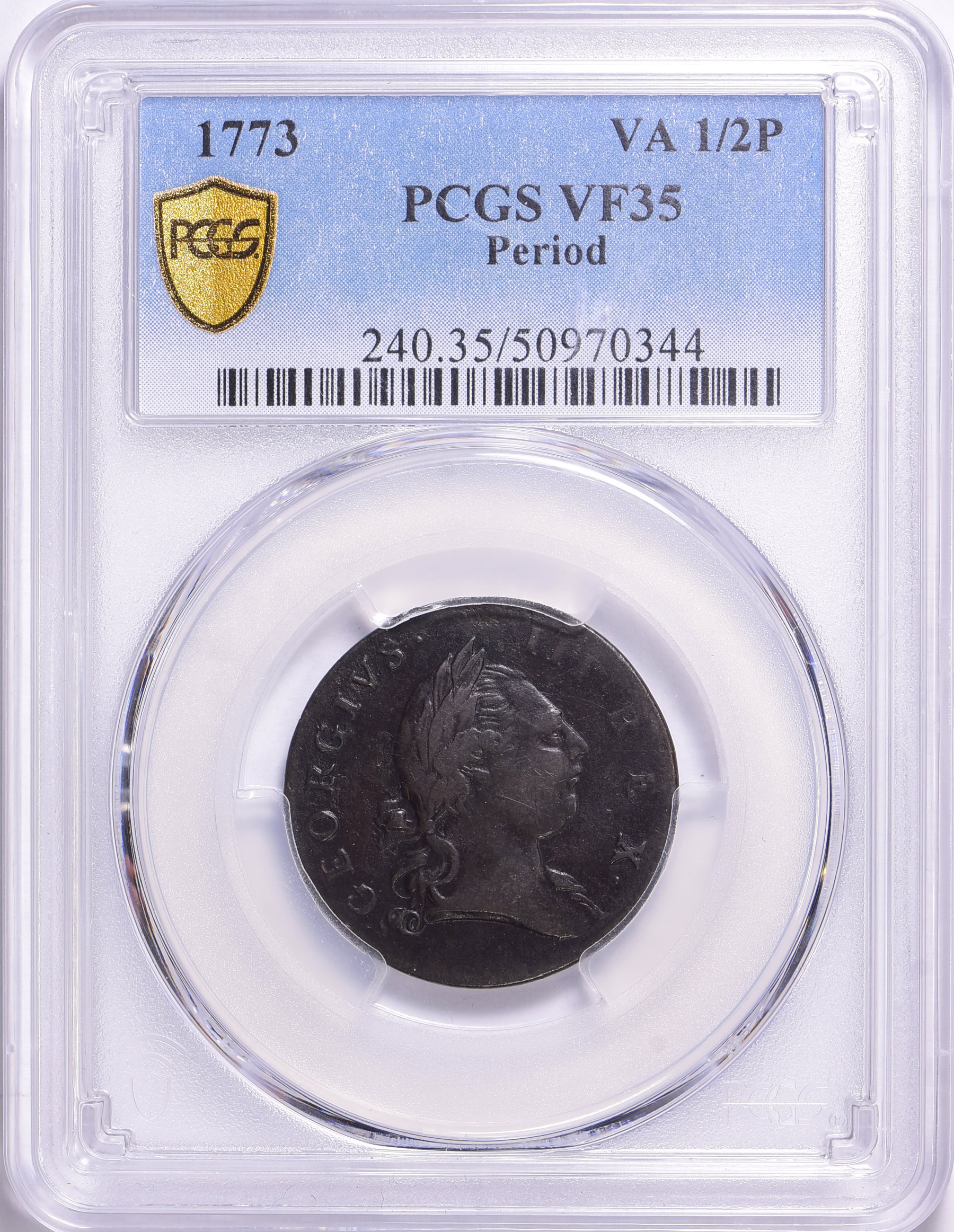 1773 Virginia 1/2 Penny Period PCGS VF-35 (Item 1743266 ...