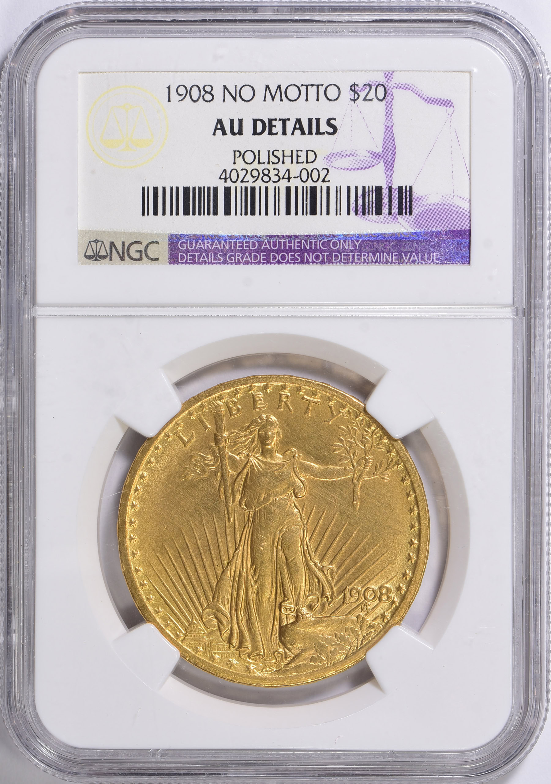 1908 Saint-Gaudens Gold Double Eagle No Motto NGC AU Details (Item ...