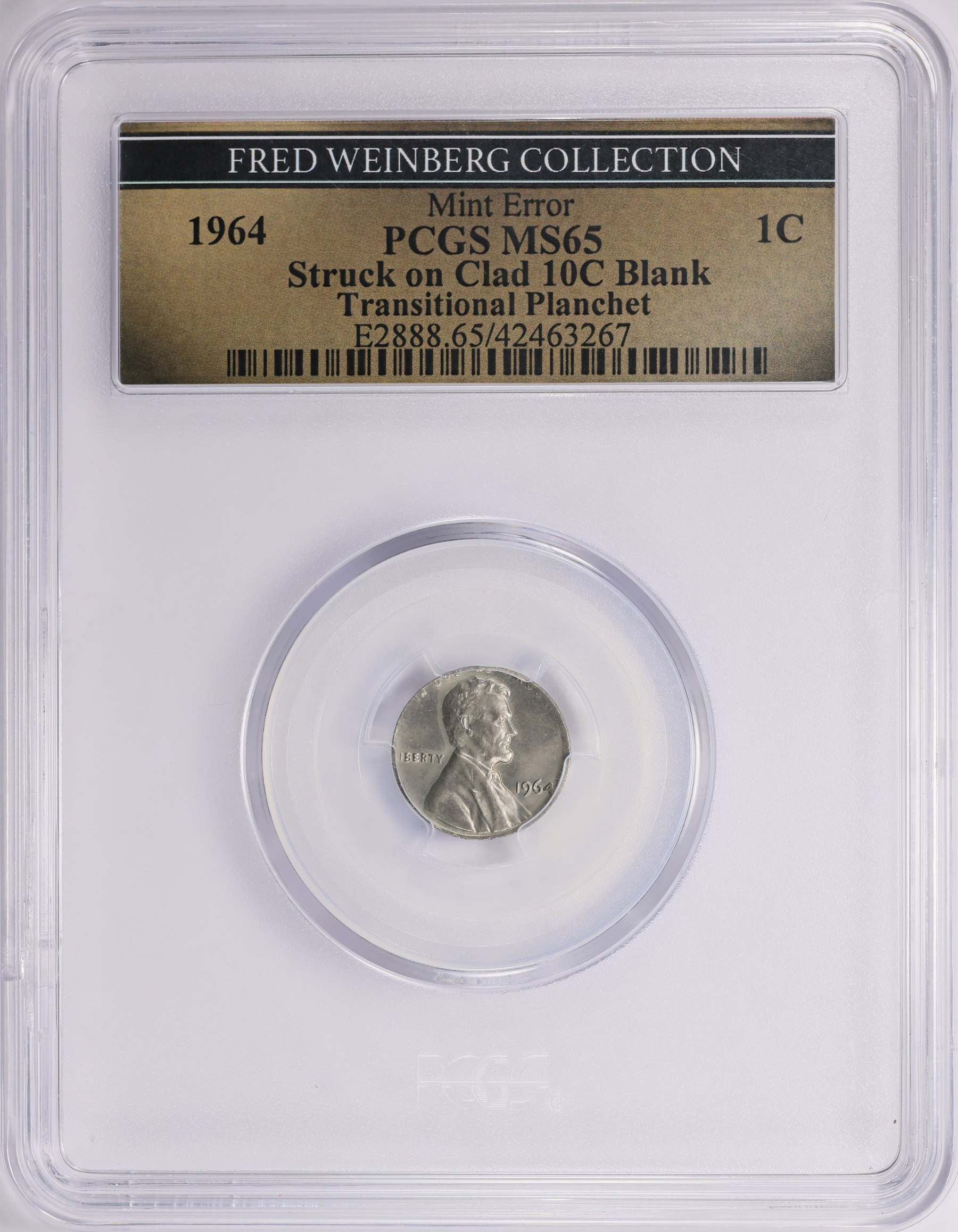 Mint Error 1964 Lincoln Cent Struck on Clad 10 Cents Transitional Planchet Blank PCGS MS-65 (Ex ...