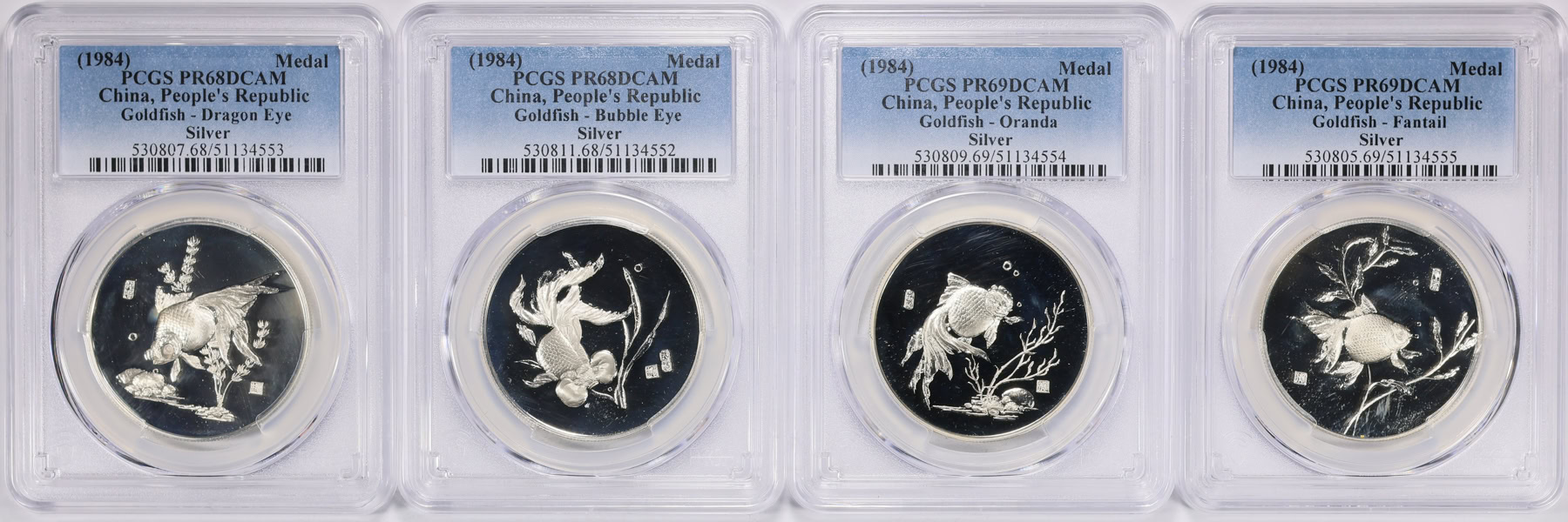 China (1984) Goldfish Silver 36mm Medal Set With Case of Issue PCGS ...
