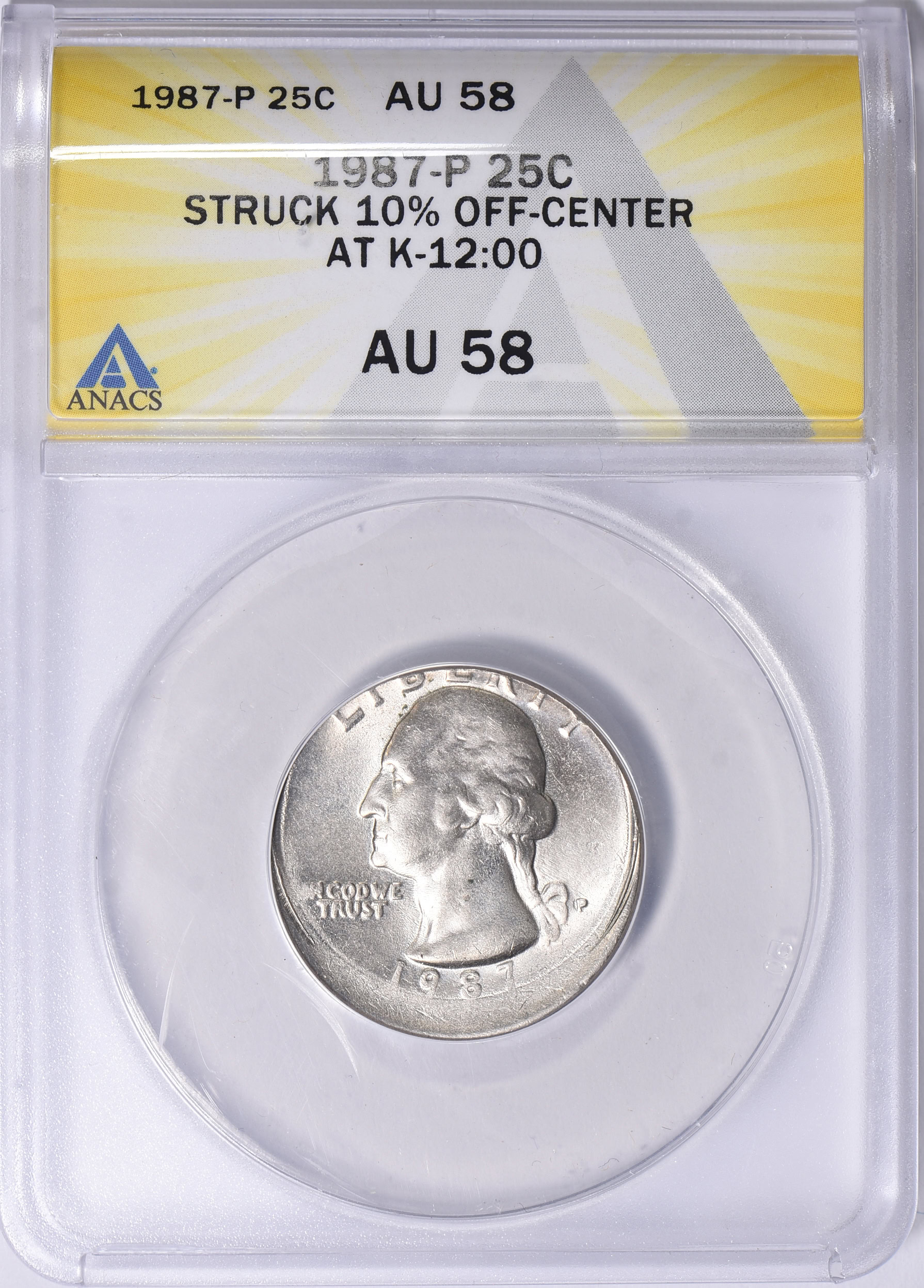 Mint Error 1987-P Washington Quarter Struck 10% Off-Center at K-12:00 ...