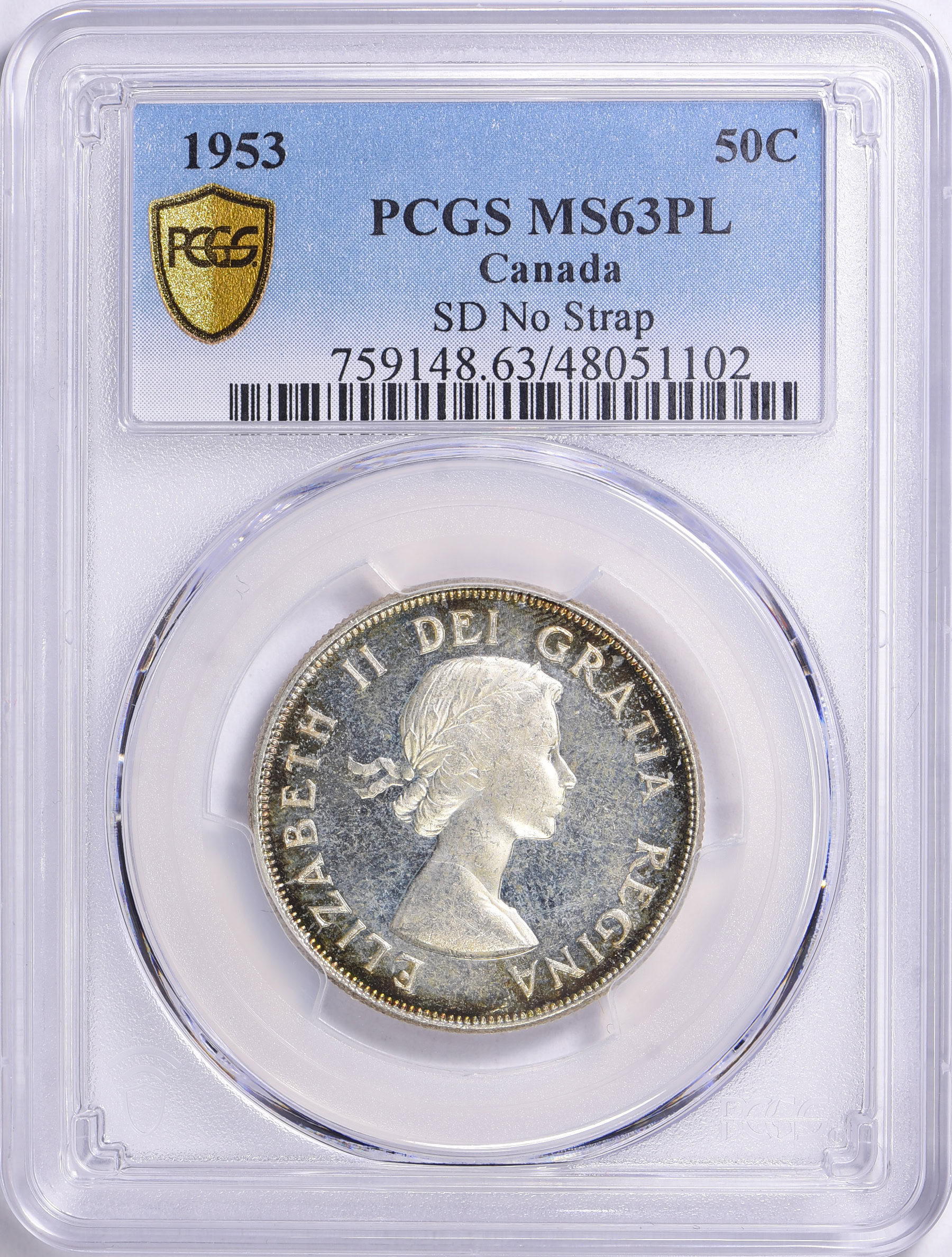 Canada 1953 Silver 50 Cents Small Date No Shoulder Strap KM-53 PCGS PL ...