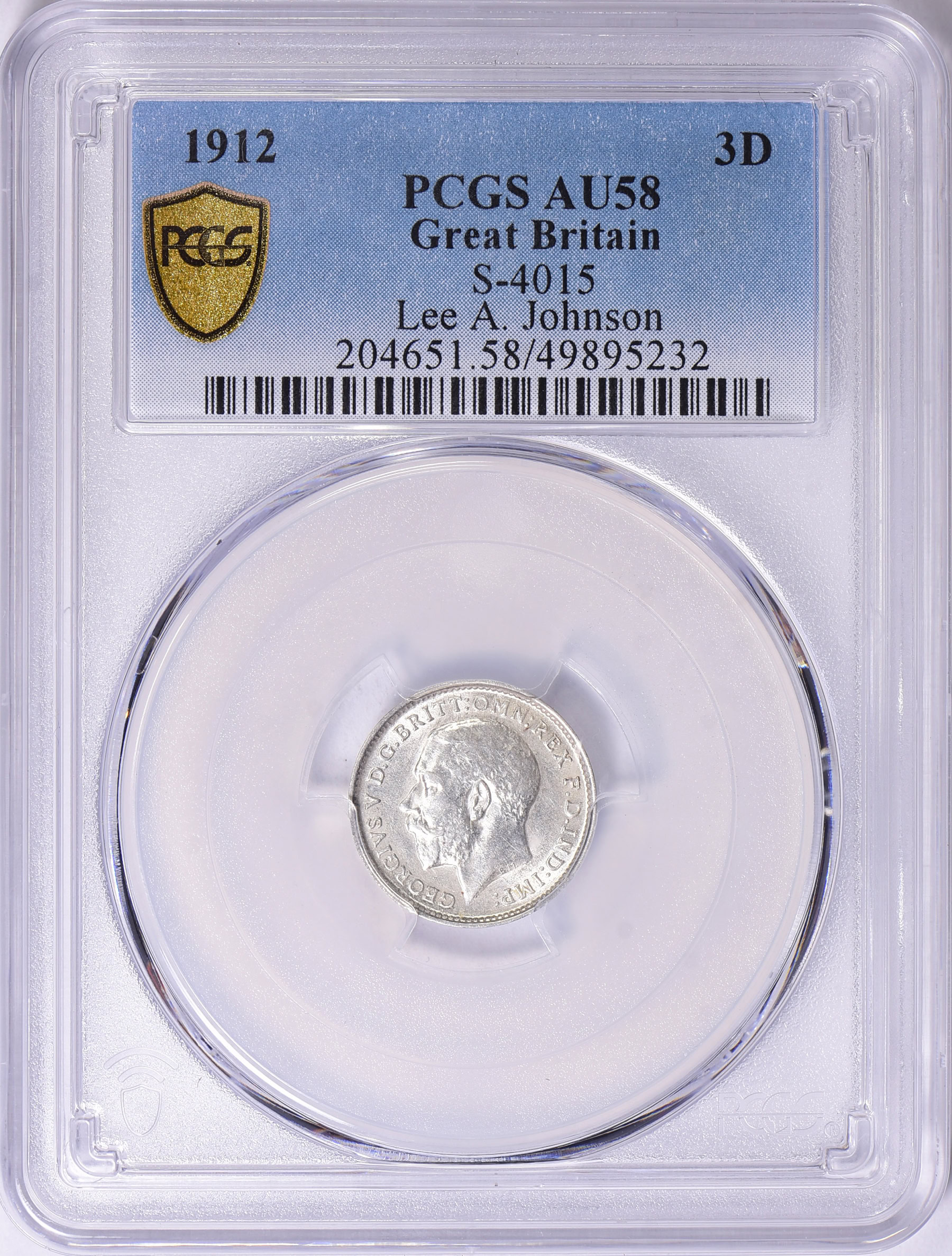 Great Britain 1912 Silver 3 Pence KM-813 PCGS AU-58 (Ex: Lee A. Johnson ...
