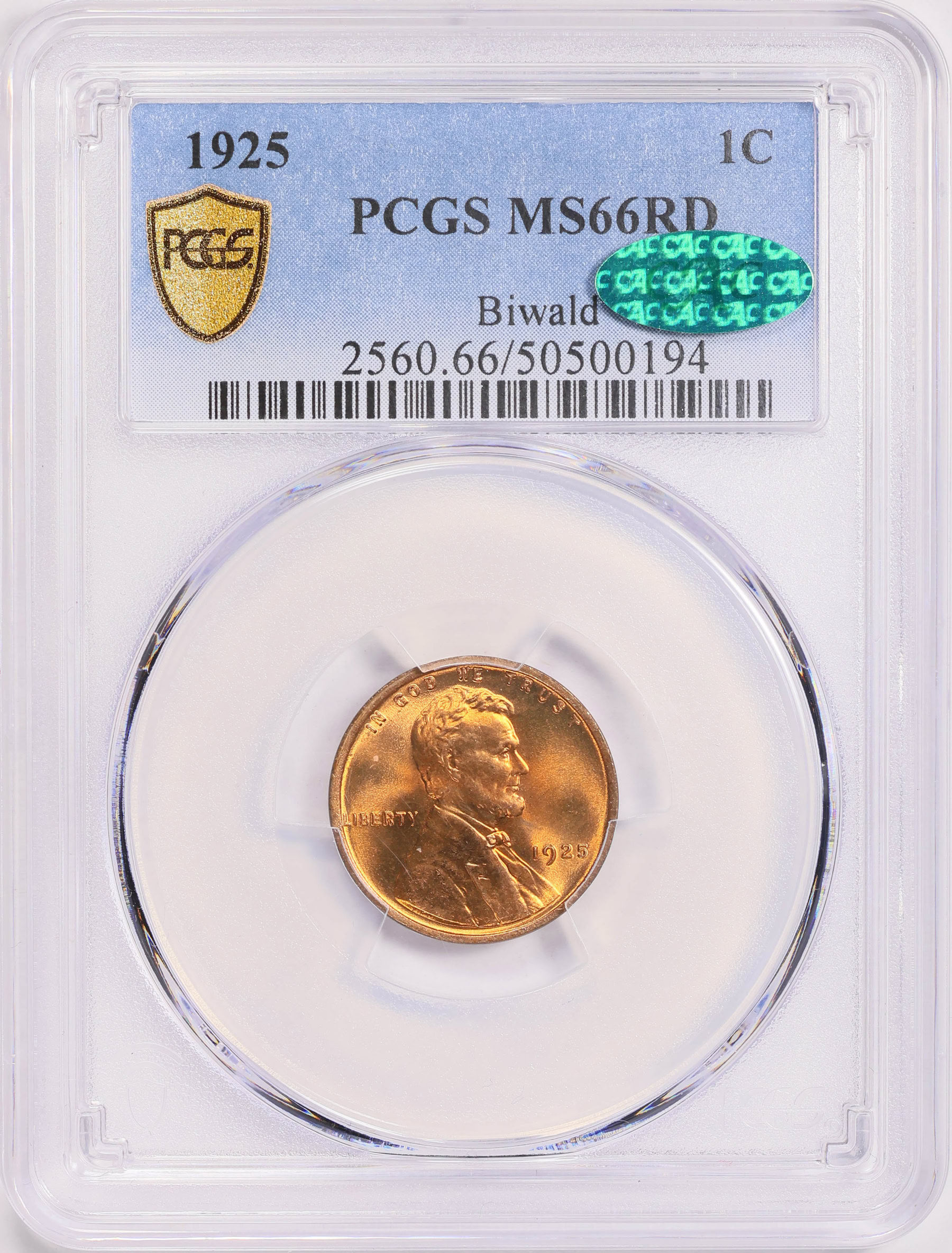 1925 Lincoln Cent PCGS MS-66 RD (CAC Green) (Biwald Collection) (Item 1743808 ...