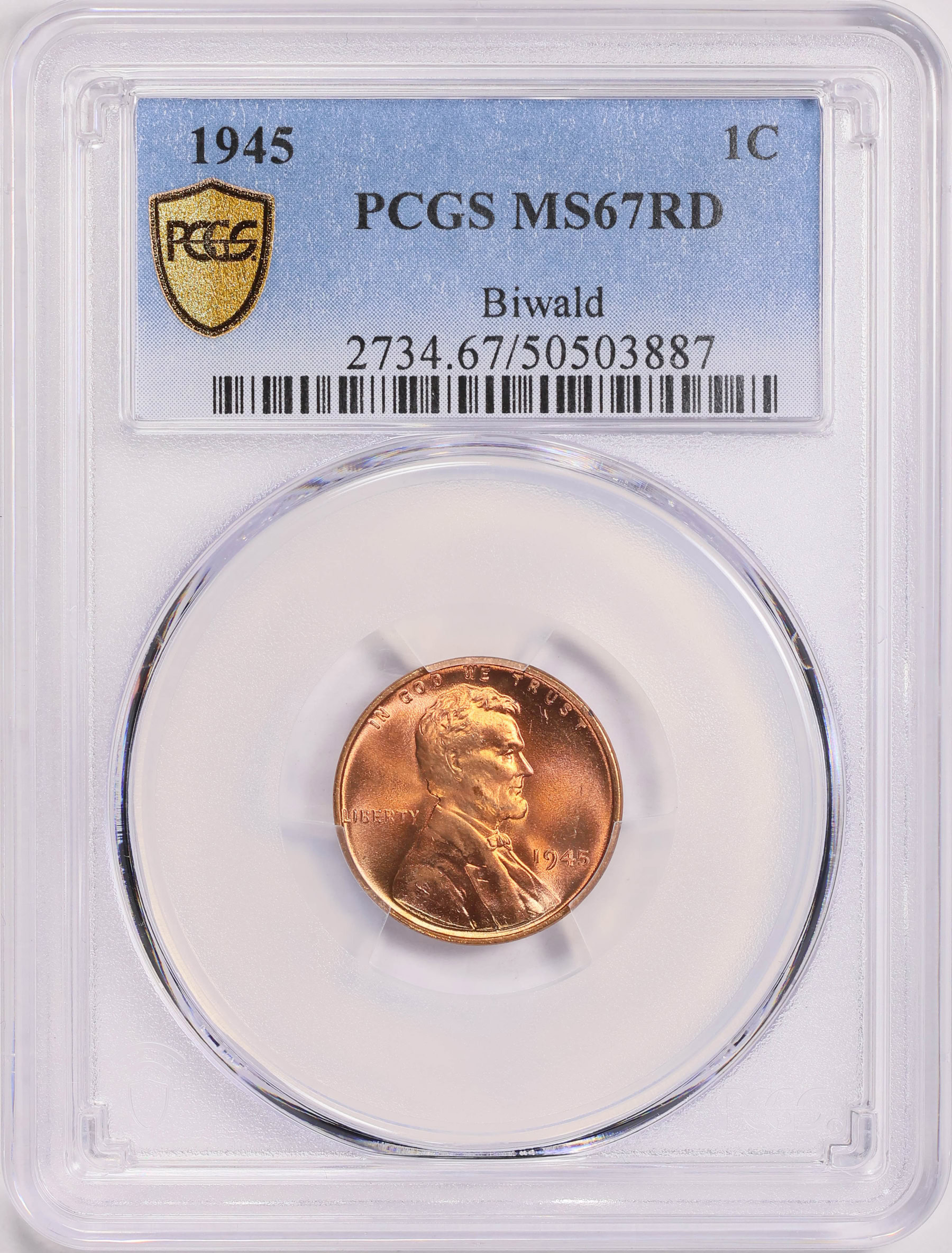 1945 Lincoln Cent PCGS MS-67 RD (Biwald Collection) (Item 1743810) | GreatCollections Coin Auctions