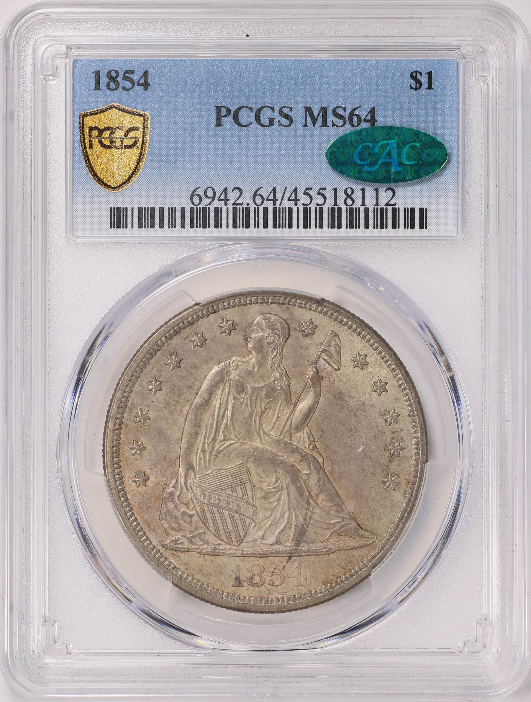 1854 Seated Liberty Silver Dollar PCGS MS-64 (CAC Green) (Toned) (Item 1743853 ...