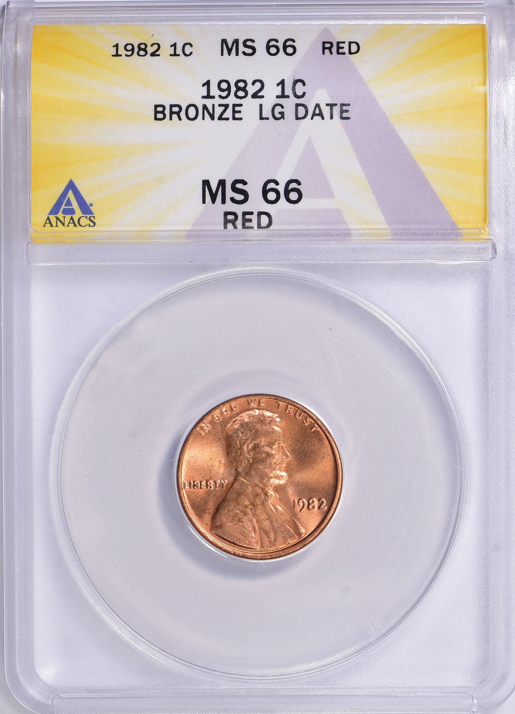 1982 Lincoln Cent Bronze Large Date ANACS MS-66 RD (Item 1743888) | GreatCollections Coin Auctions
