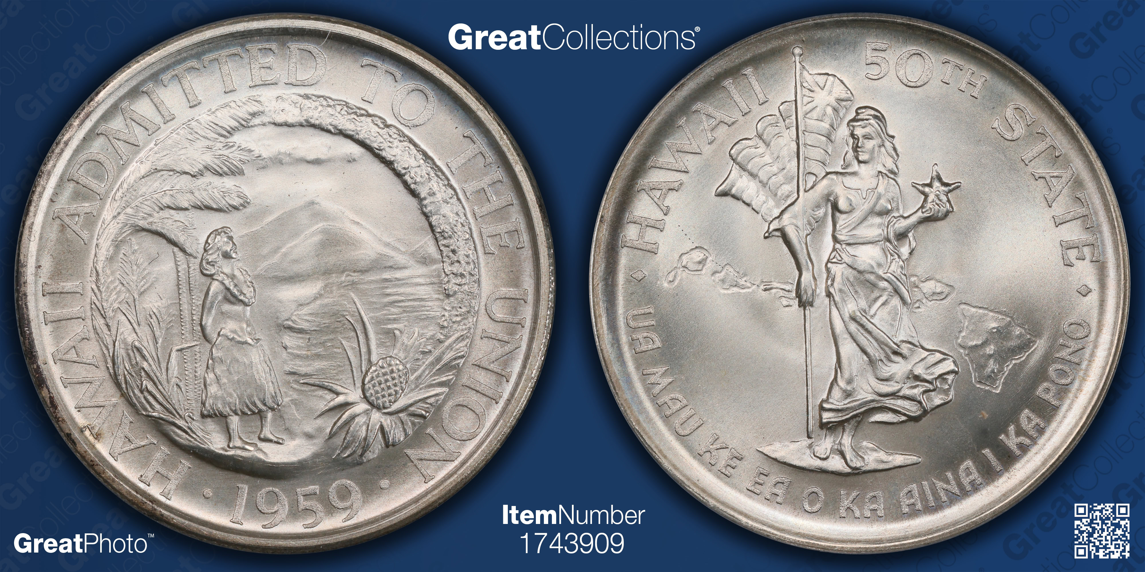 1959 Silver 30mm Hawaii Admitted to the Union Medal TC-393114 ANACS MS ...