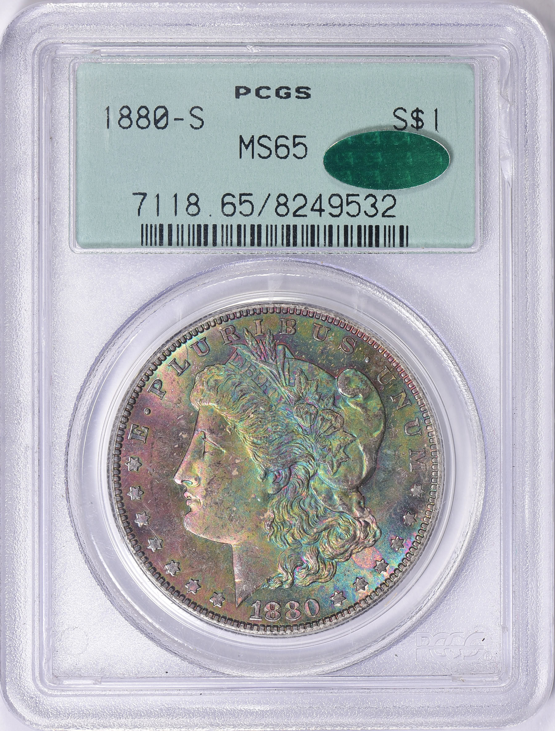 1880-S Morgan Silver Dollar PCGS MS-65 (CAC Green) OGH (Toned) (Item 1743954) | GreatCollections ...