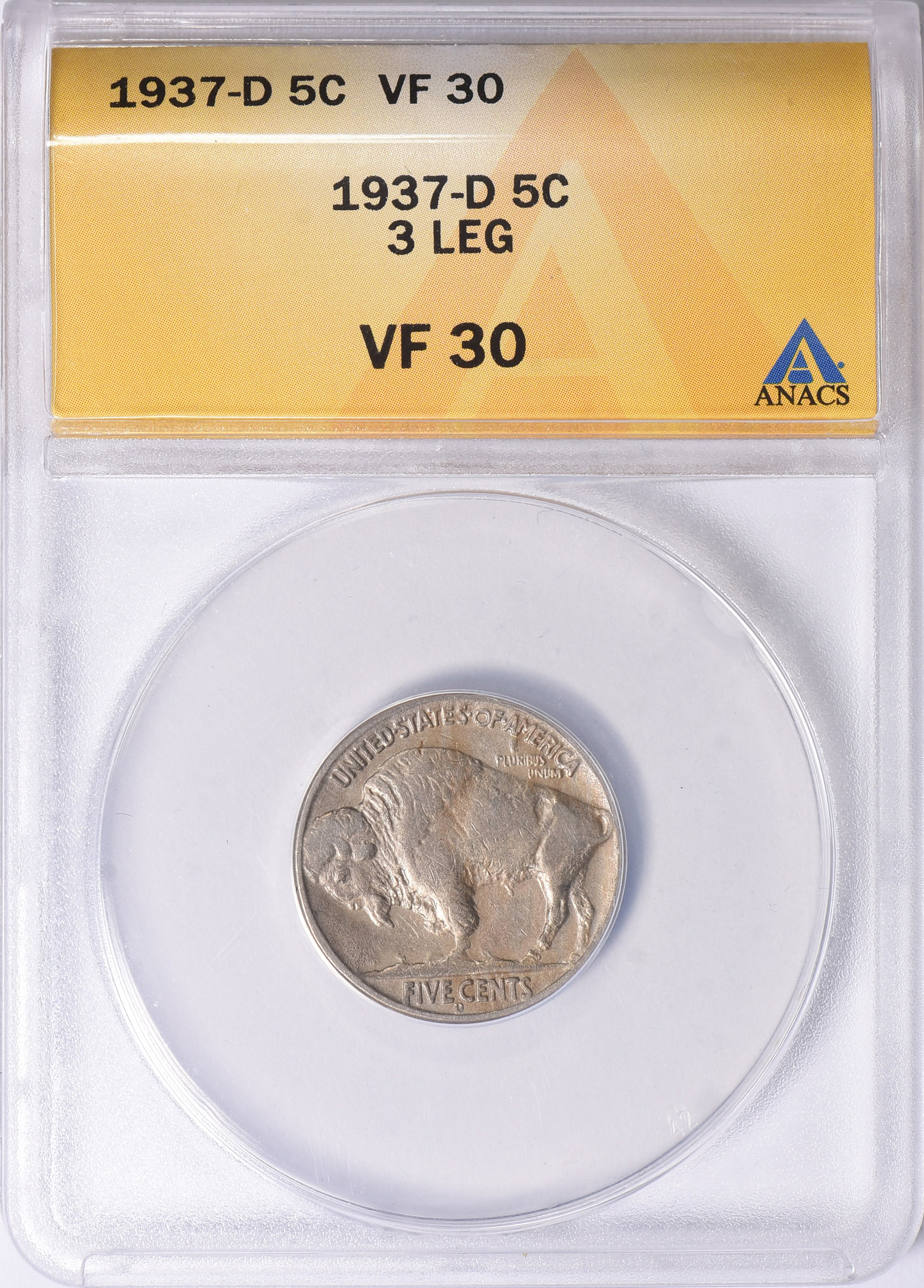 1937-D Buffalo Nickel 3 Legs ANACS VF-30 (Item 1744030) | GreatCollections Coin Auctions