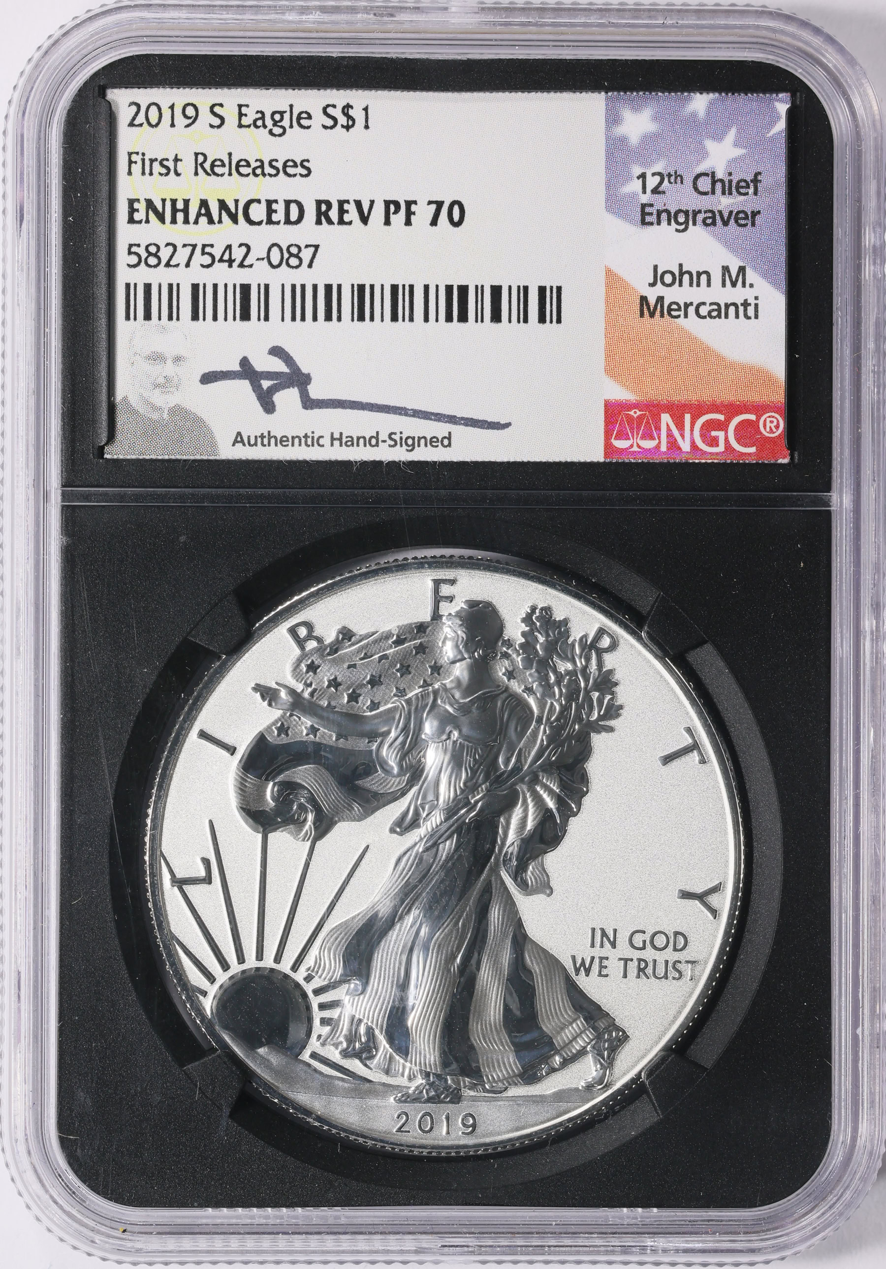 2019-S $1 Silver Eagle Enhanced Reverse Proof First Releases NGC Proof-70 (Mercanti Signed Label ...