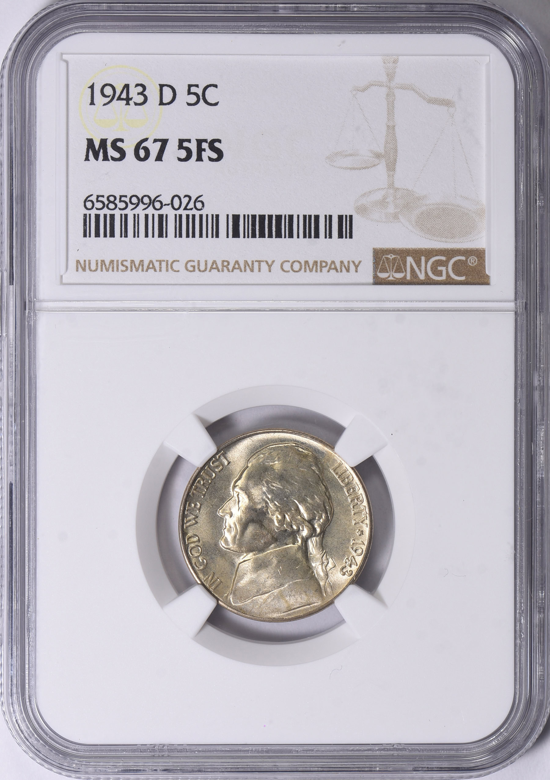 1943-D Jefferson Nickel NGC MS-67 5FS (Item 1744083) | GreatCollections Coin Auctions