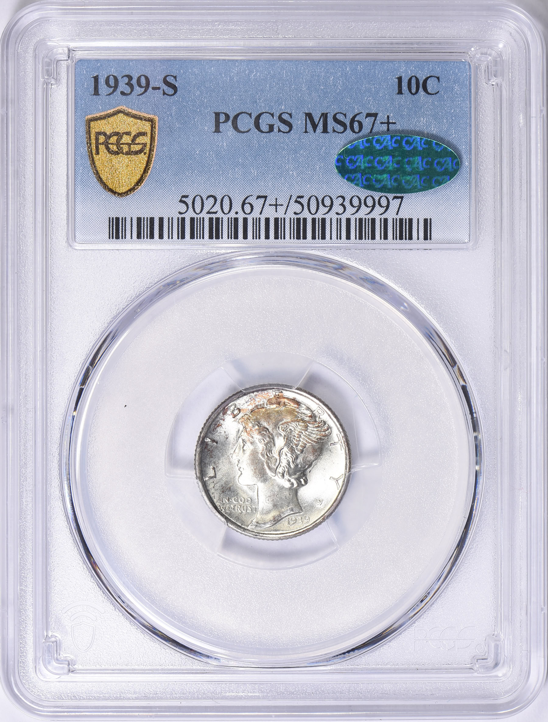 1939-S Mercury Dime PCGS MS-67+ (CAC Green) (Item 1744101) | GreatCollections Coin Auctions