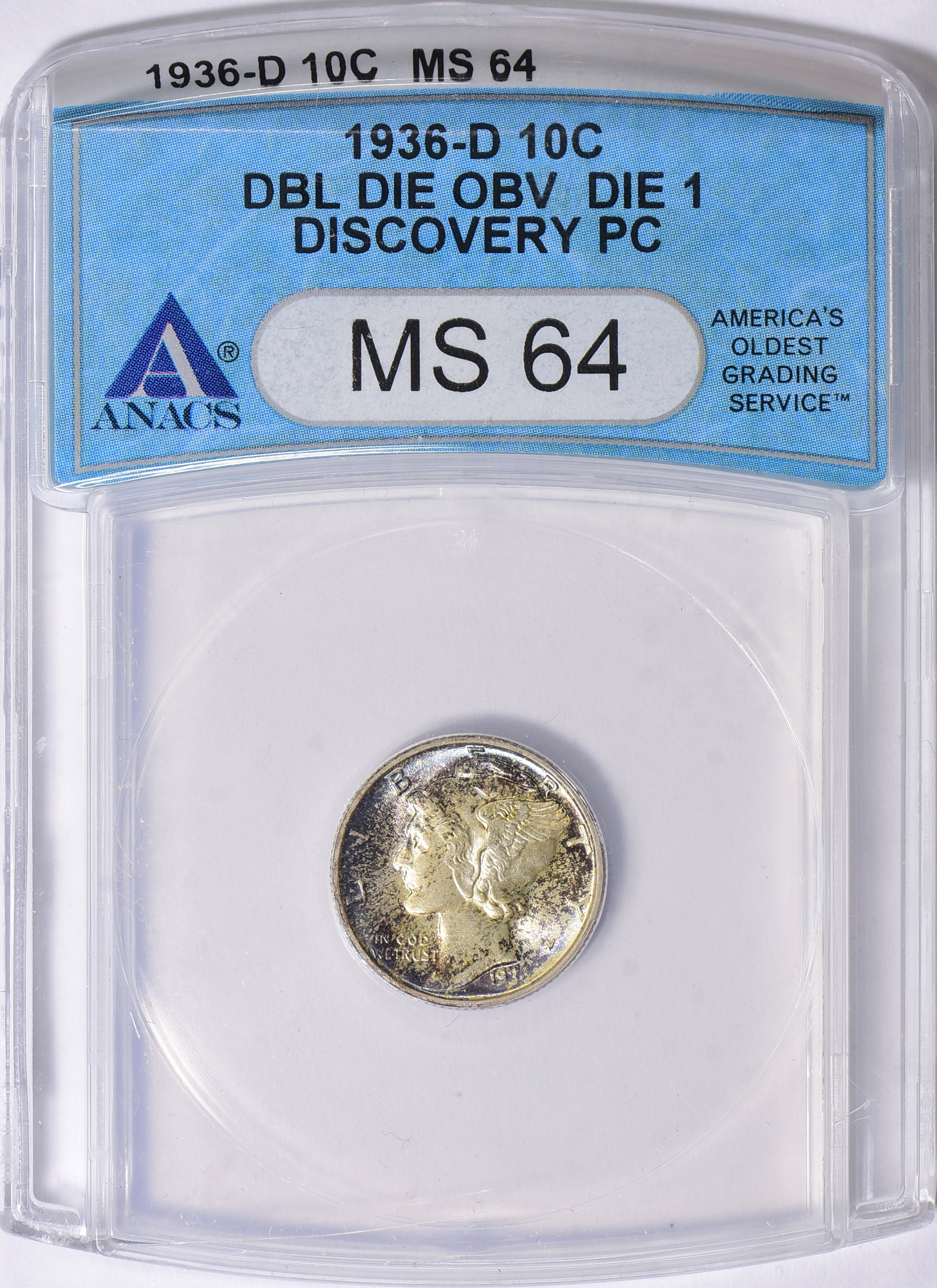 1936-D Mercury Dime Dbl Die Obv Die 1 Discovery Piece ANACS MS-64 (Toned) (Item 1744576 ...