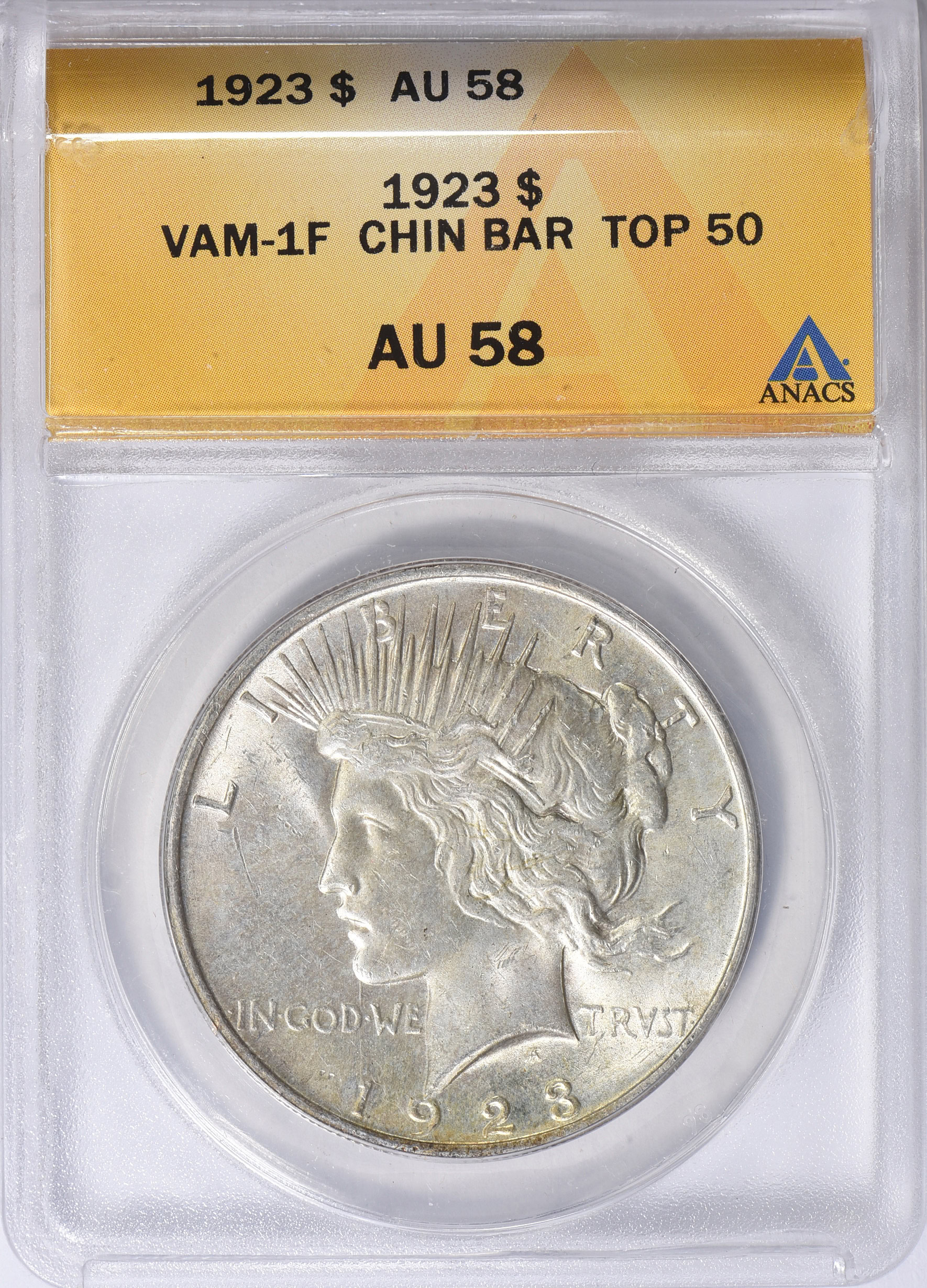 1923 Peace Silver Dollar Chin Bar VAM-1F Top 50 ANACS AU-58 (Item 1744583) | GreatCollections ...