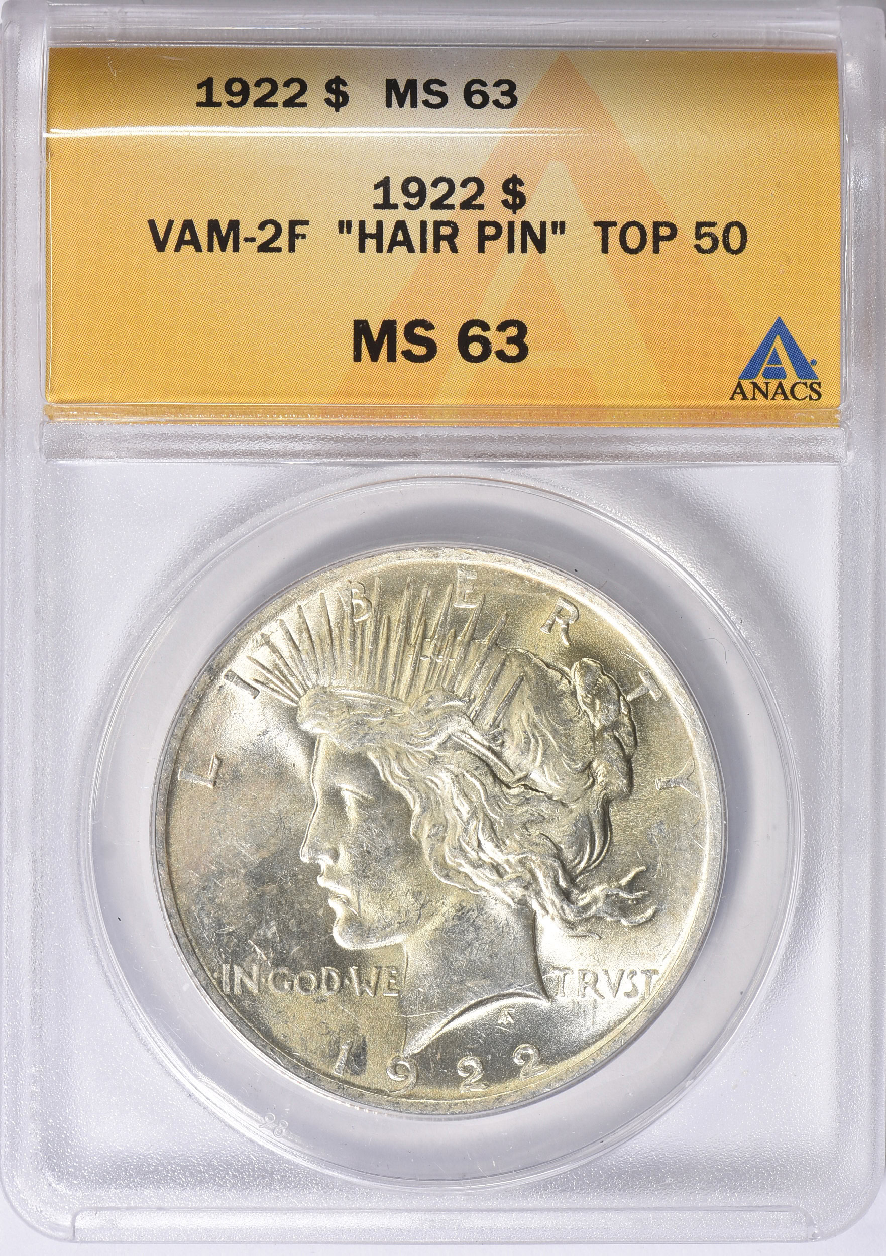 1922 Peace Silver Dollar Hair Pin VAM-2F Top 50 ANACS MS-63 (Item ...