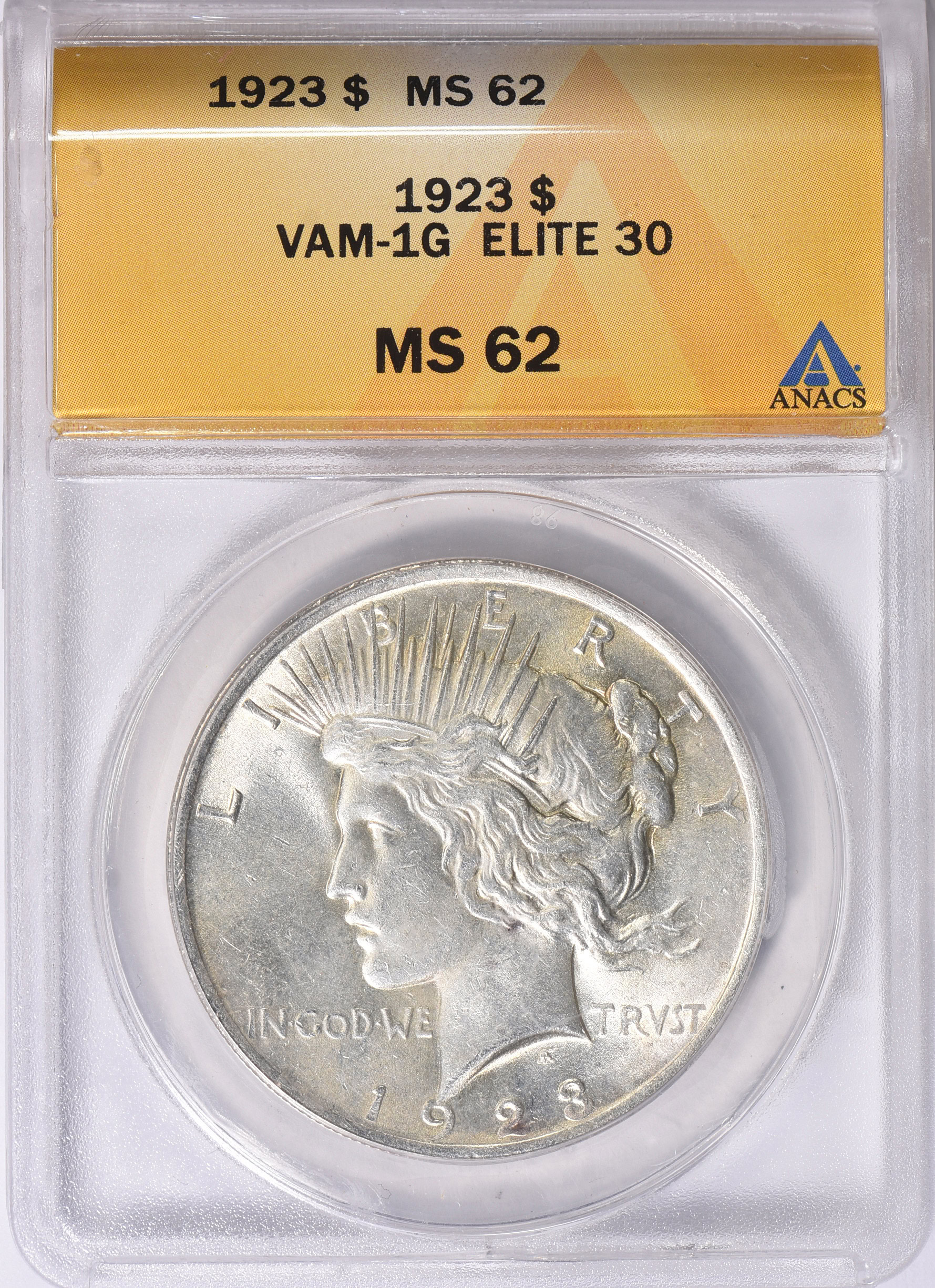 1923 Peace Silver Dollar VAM-1G Elite 30 ANACS MS-62 (Item 1744589) | GreatCollections Coin Auctions
