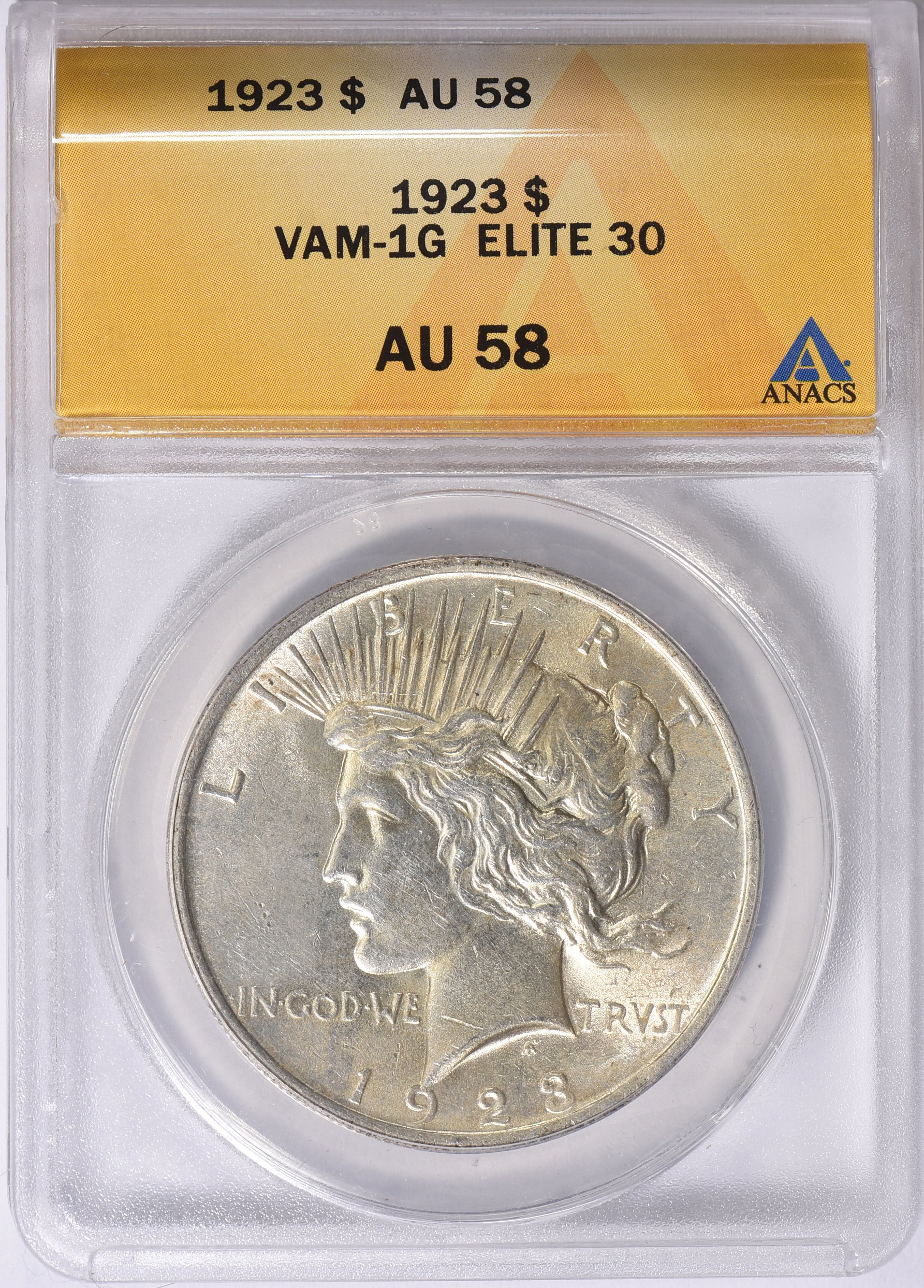 1923 Peace Silver Dollar VAM-1G Elite 30 ANACS AU-58 (Item 1744591) | GreatCollections Coin Auctions