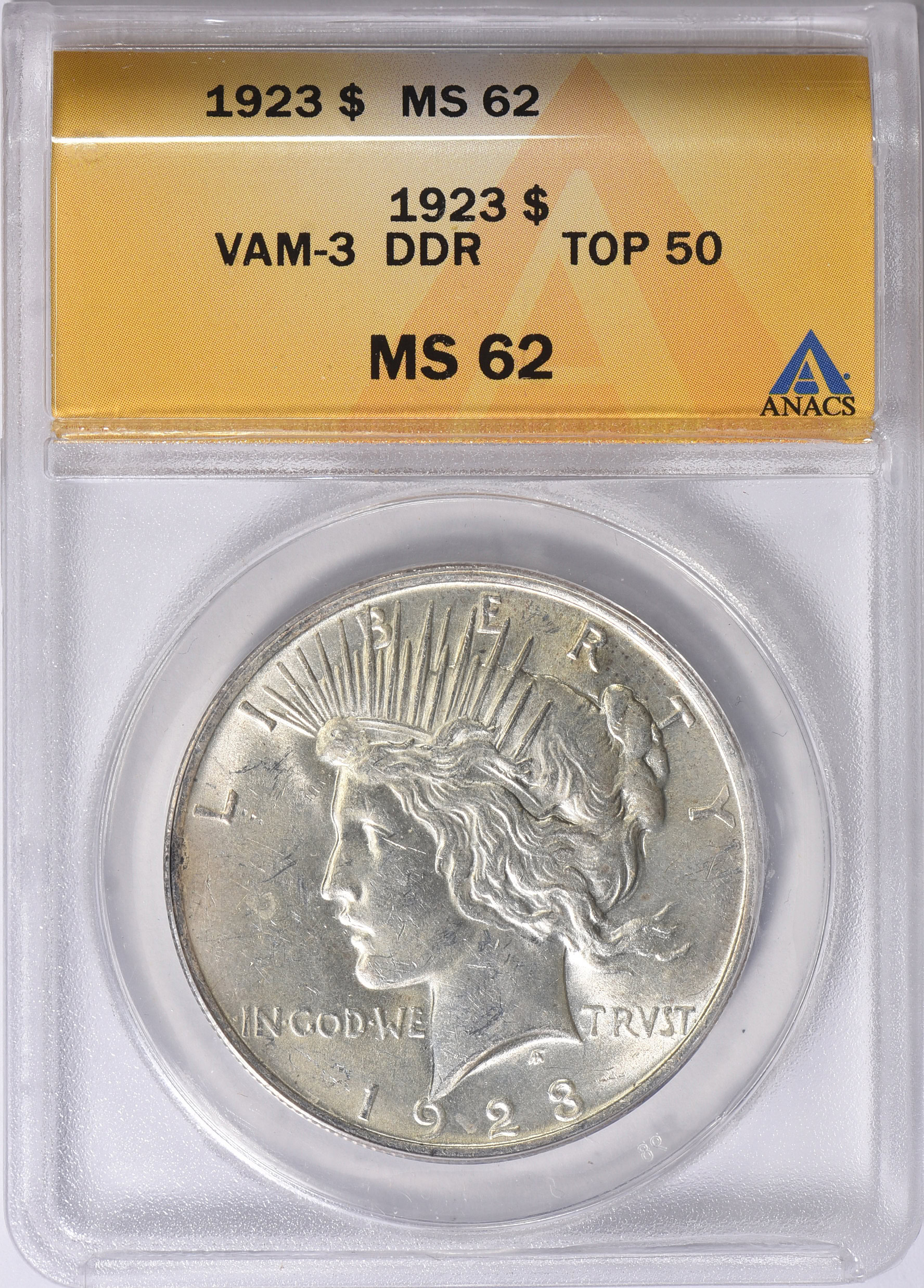1923 Peace Silver Dollar DDR VAM-3 Top 50 ANACS MS-62 (Item 1744592) | GreatCollections Coin ...