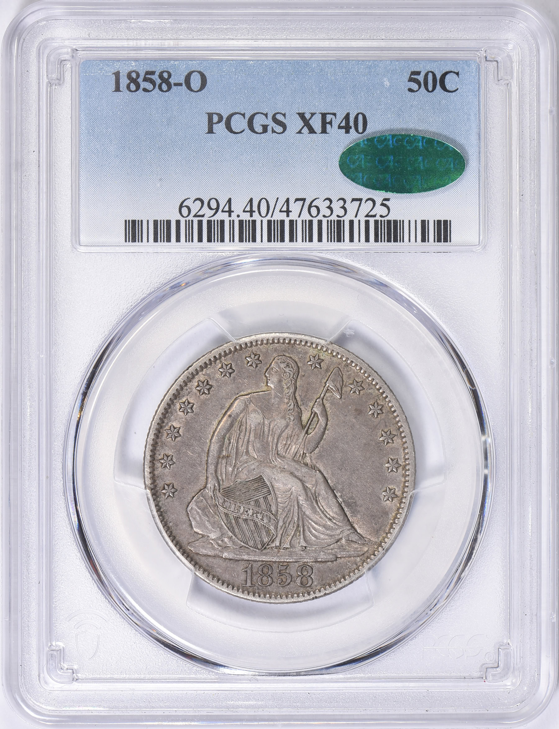 1858-O Seated Liberty Half Dollar PCGS XF-40 (CAC Green) (Item 1744615) | GreatCollections Coin ...