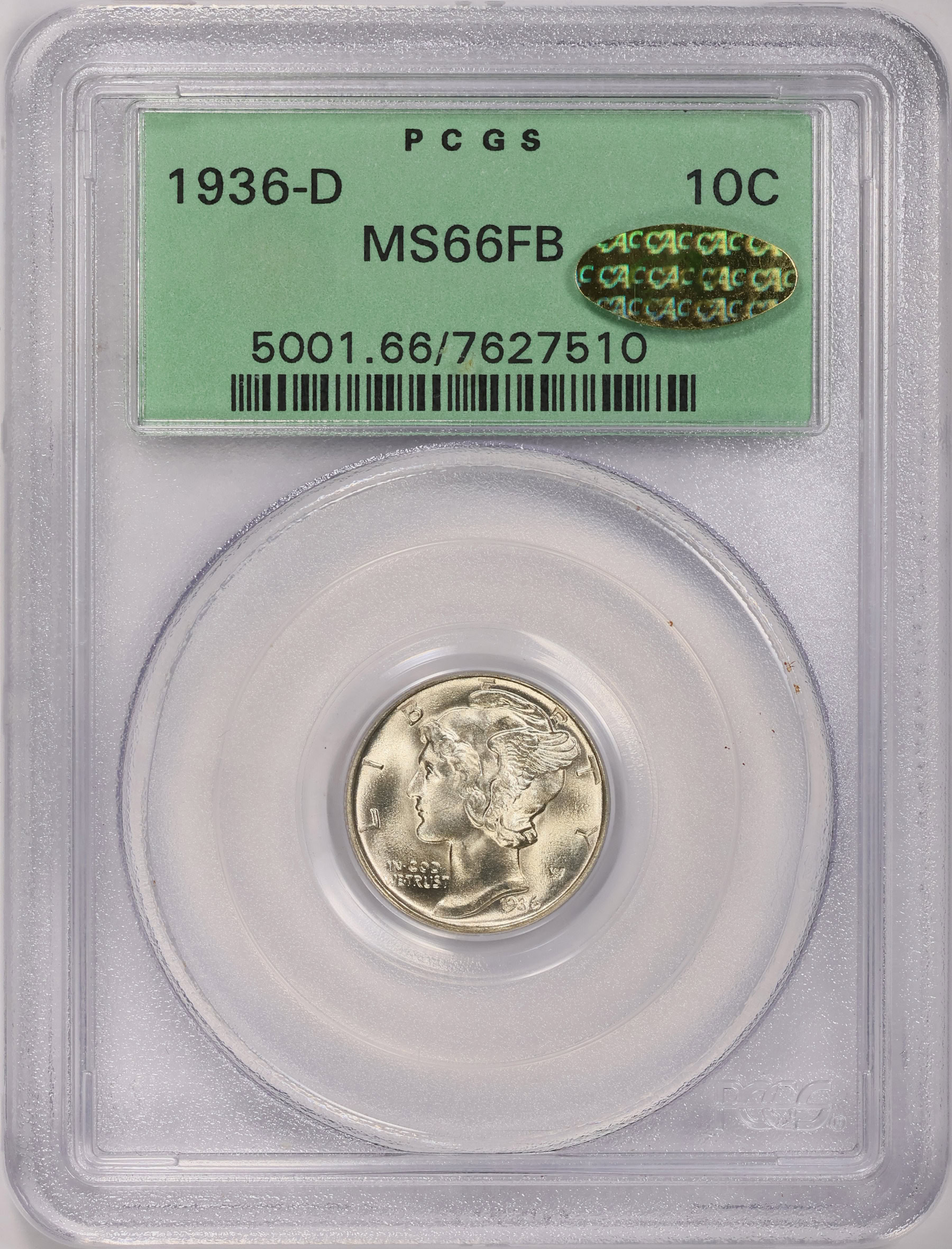 1936-D Mercury Dime PCGS MS-66 FB (CAC Gold) OGH (Item 1744620) | GreatCollections Coin Auctions