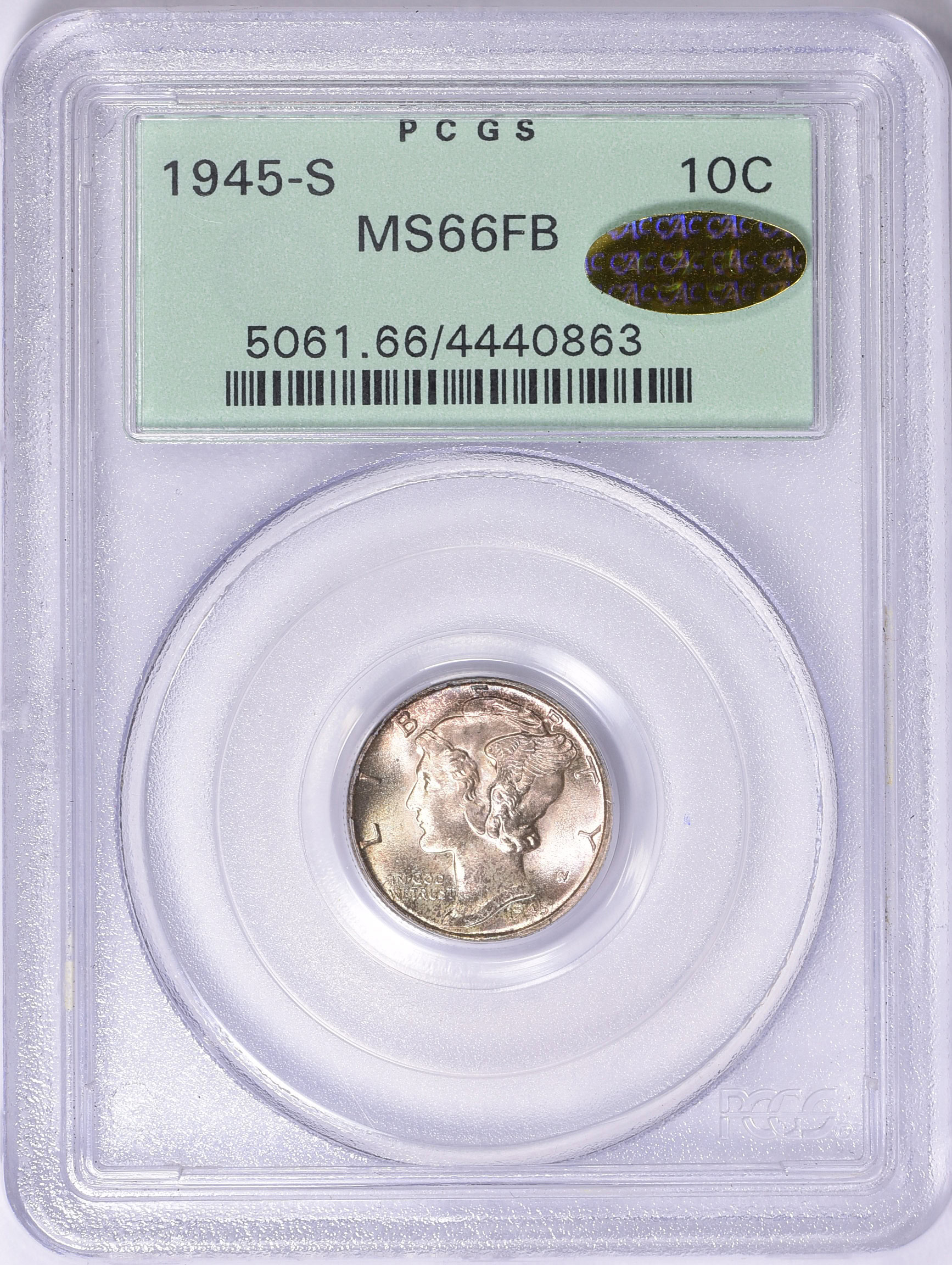 1945-S Mercury Dime PCGS MS-66 FB (CAC Gold) OGH (Toned) (Item 1744621) | GreatCollections Coin ...