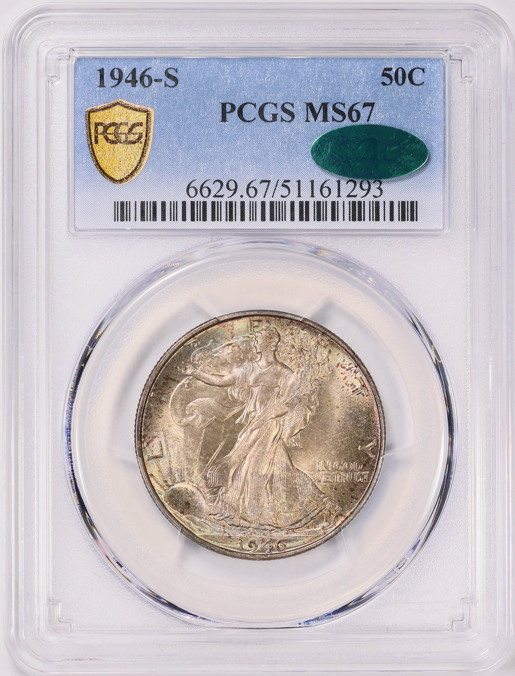 1946-S Walking Liberty Half Dollar PCGS MS-67 (CAC Green) (Toned) (Item 1744691 ...