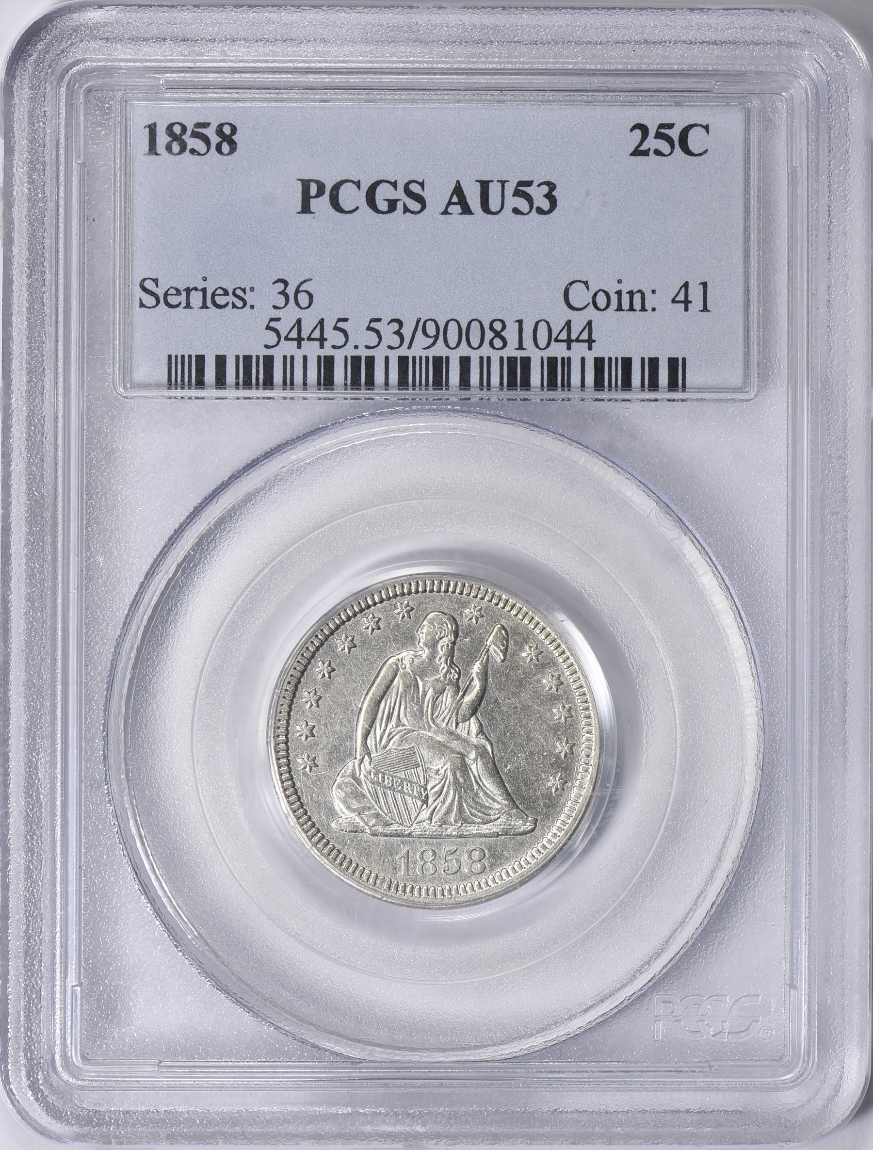 1858 Seated Liberty Quarter PCGS AU-53 (Item 1745058) | GreatCollections Coin Auctions