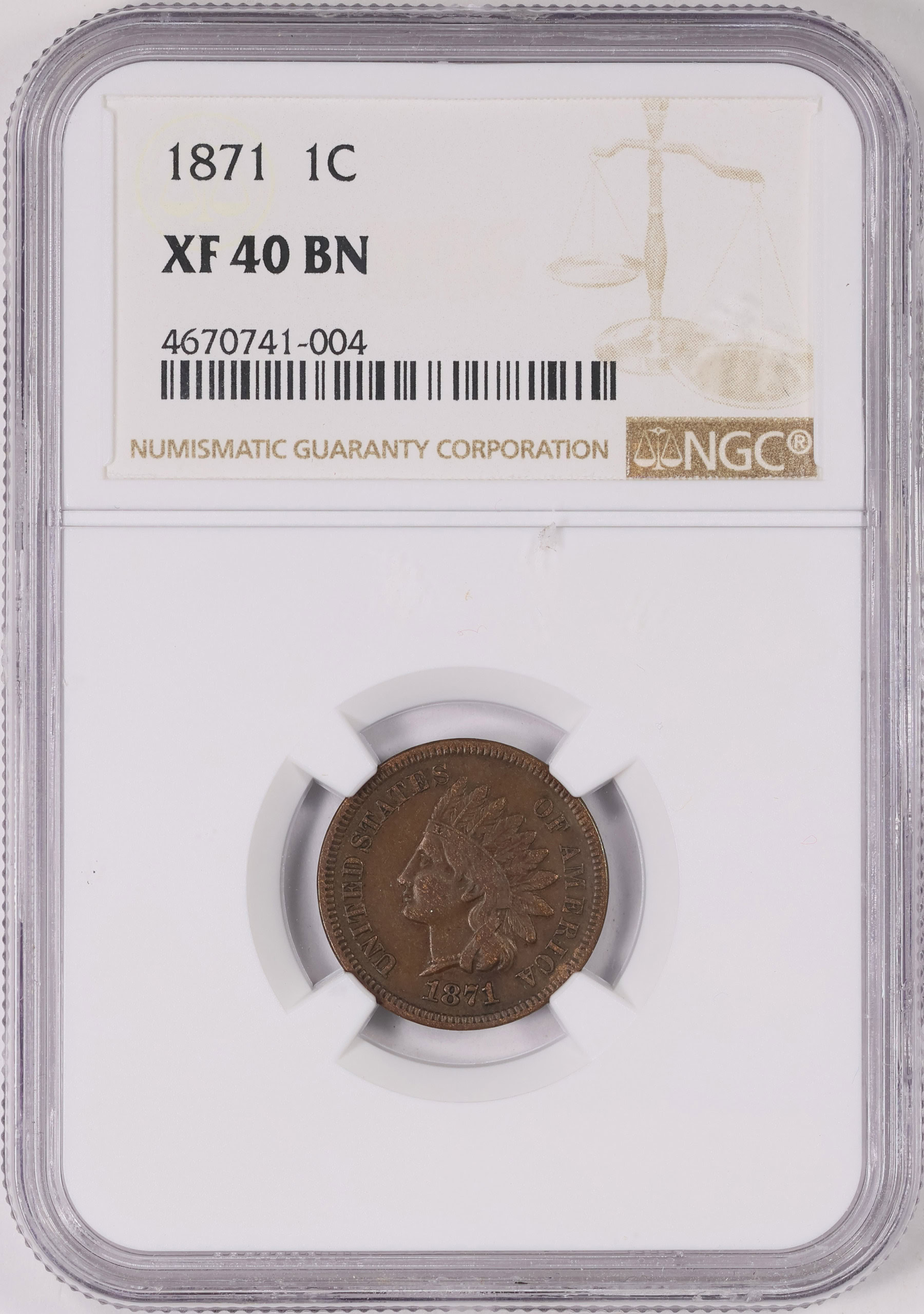 1871 Indian Cent NGC XF-40 BN (Item 1745061) | GreatCollections Coin Auctions