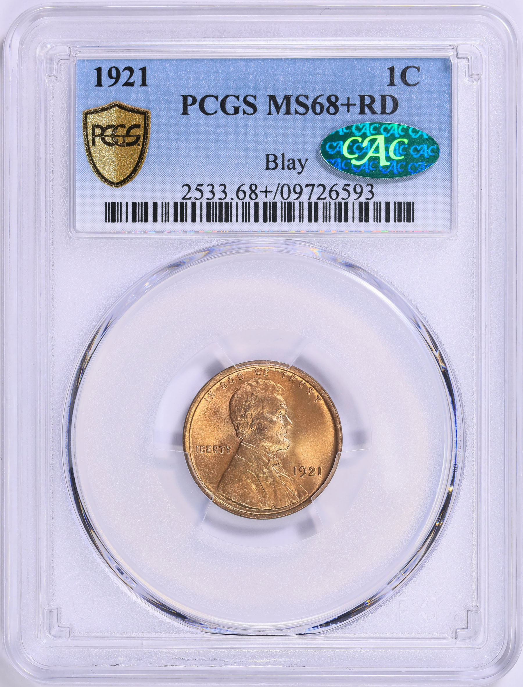 1921 Lincoln Cent PCGS MS-68+ RD (CAC Green) (Ex. Stewart Blay / Red Copper) (Item 1745176 ...