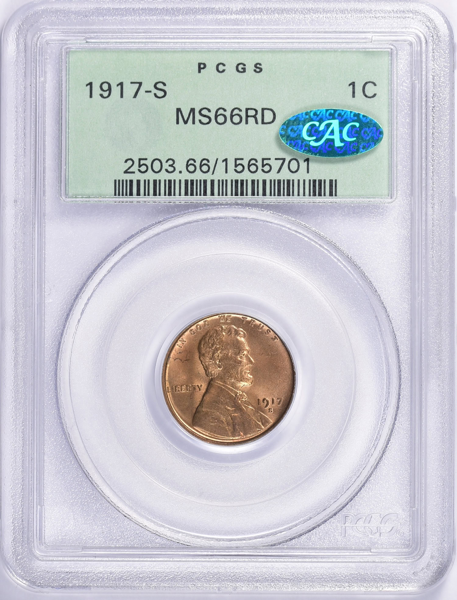 1917-S Lincoln Cent PCGS MS-66 RD (CAC Green) OGH (Ex. Stewart Blay / Red Copper) (Item 1745183 ...