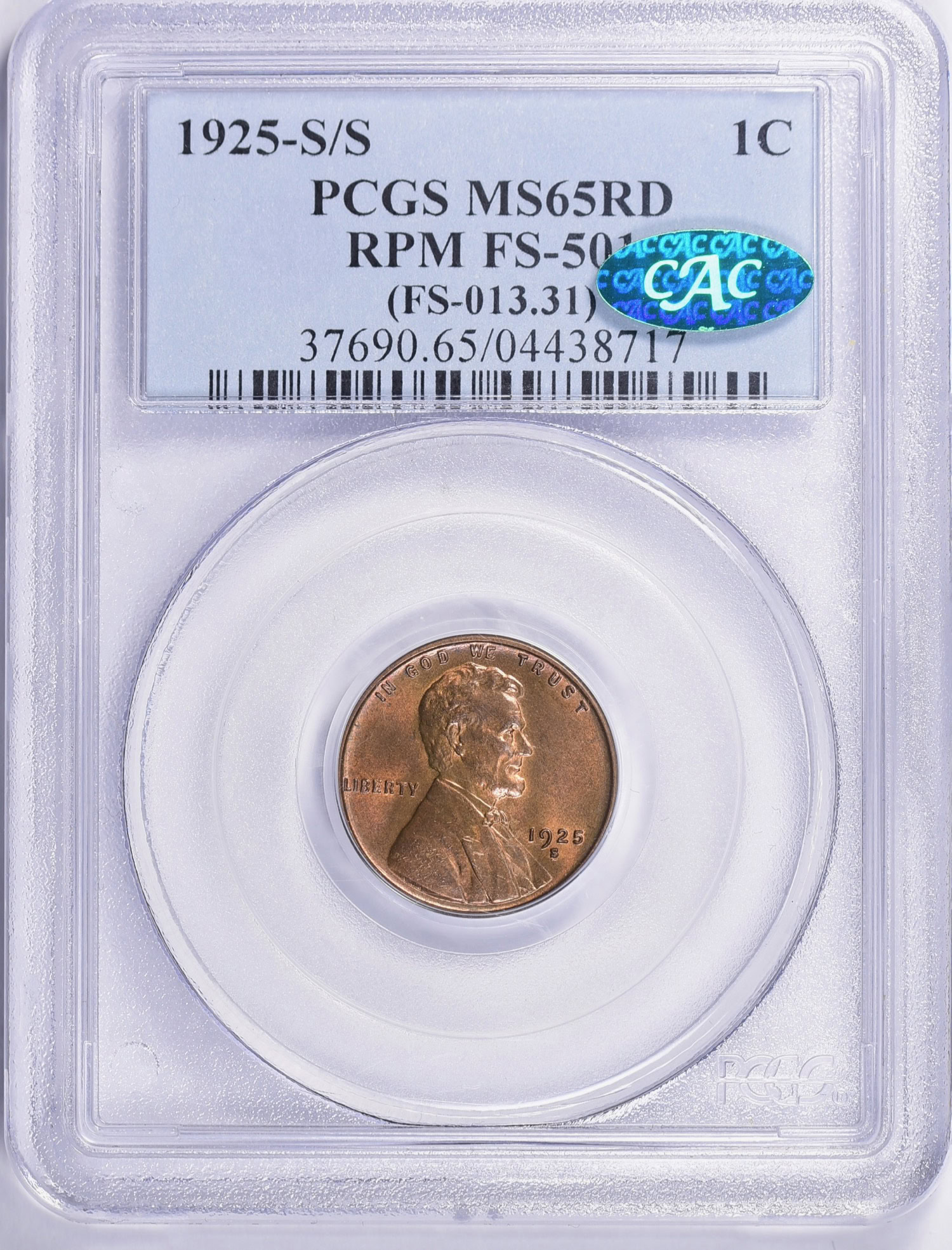 1925-S/S Lincoln Cent Repunched Mintmark FS-501 (FS-013.31) PCGS MS-65 RD (CAC Green) (Ex ...