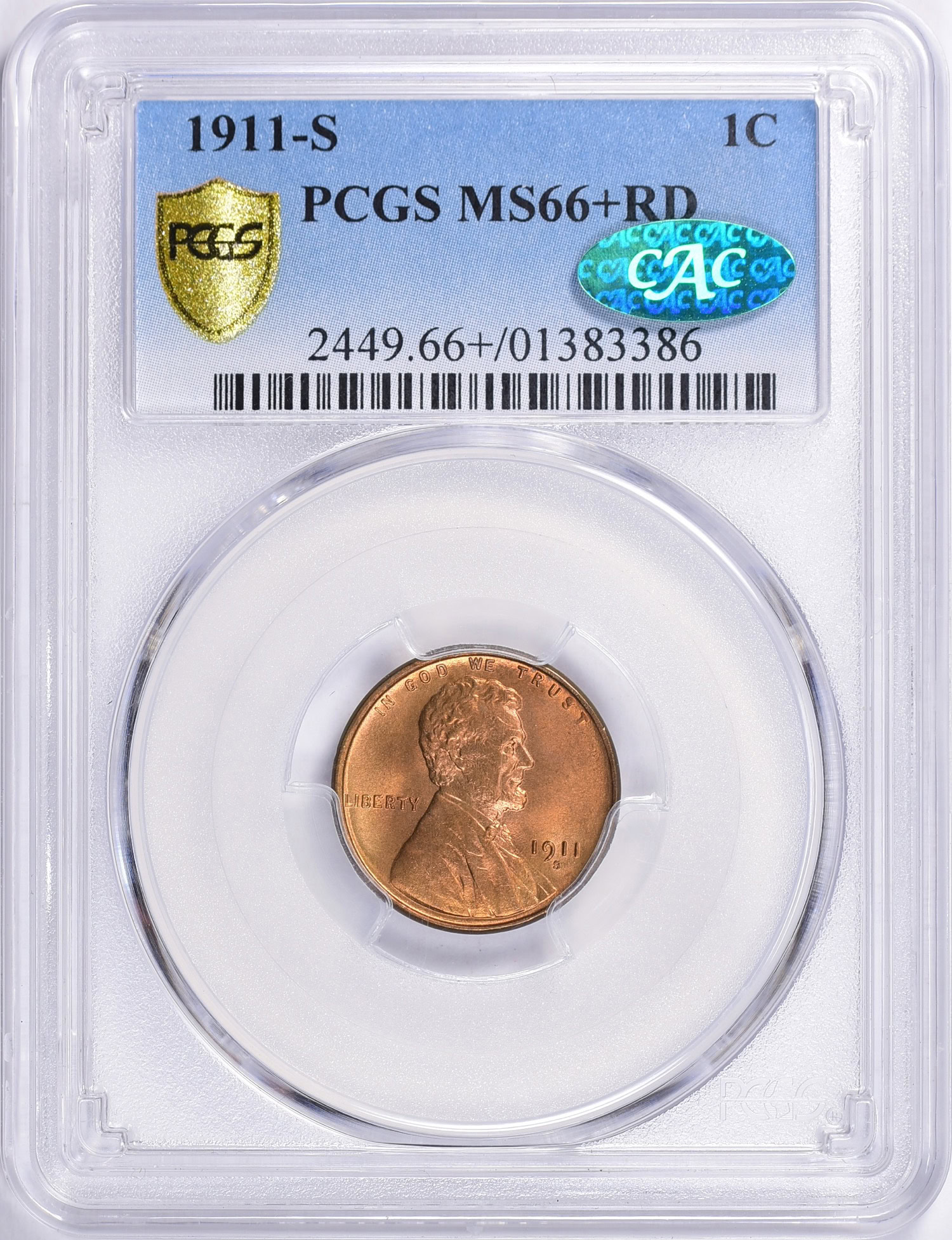 1911-S Lincoln Cent PCGS MS-66+ RD (CAC Green) (Ex. Stewart Blay / Red Copper) (Item 1745194 ...