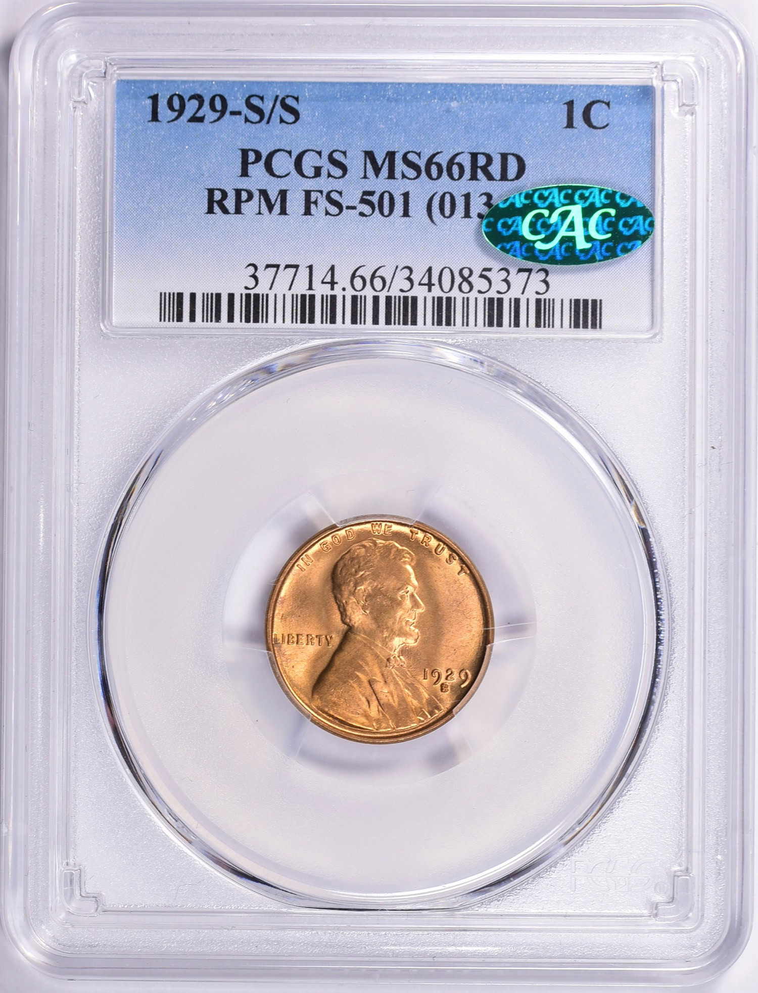 1929-S/S Lincoln Cent Repunched Mintmark FS-501 (013.65) PCGS MS-66 RD (CAC Green) (Ex. Stewart ...