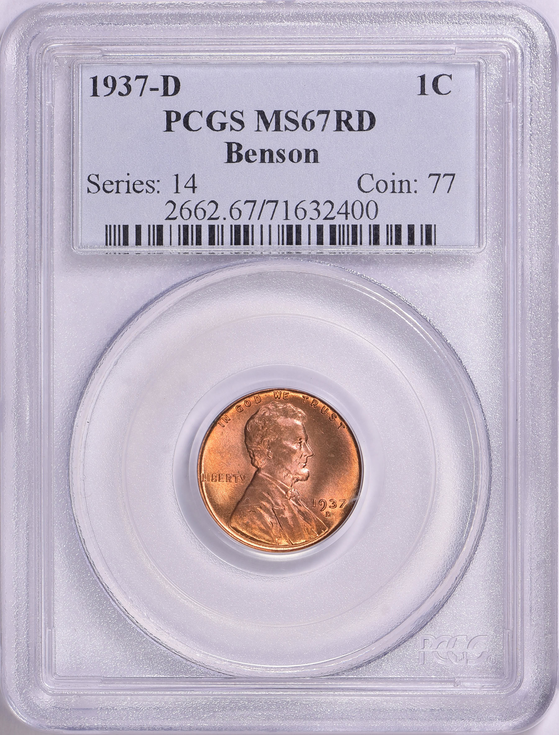 1937-D Lincoln Cent PCGS MS-67 RD (Benson Collection) (Item 1745268) | GreatCollections Coin ...