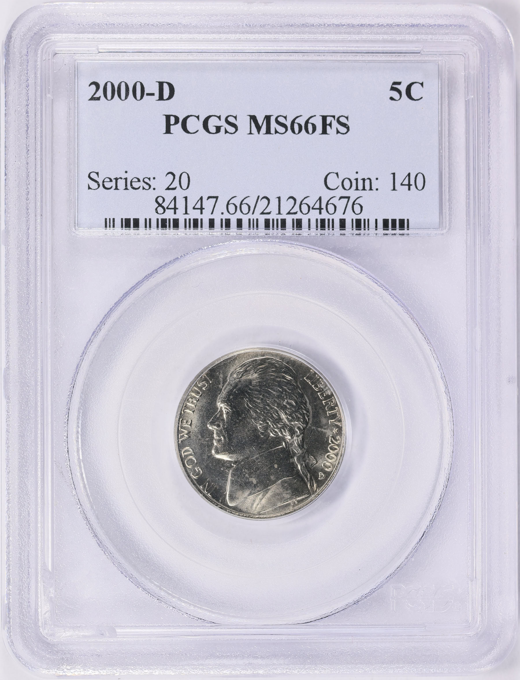 2000-D Jefferson Nickel PCGS MS-66 FS (Item 1745290) | GreatCollections ...