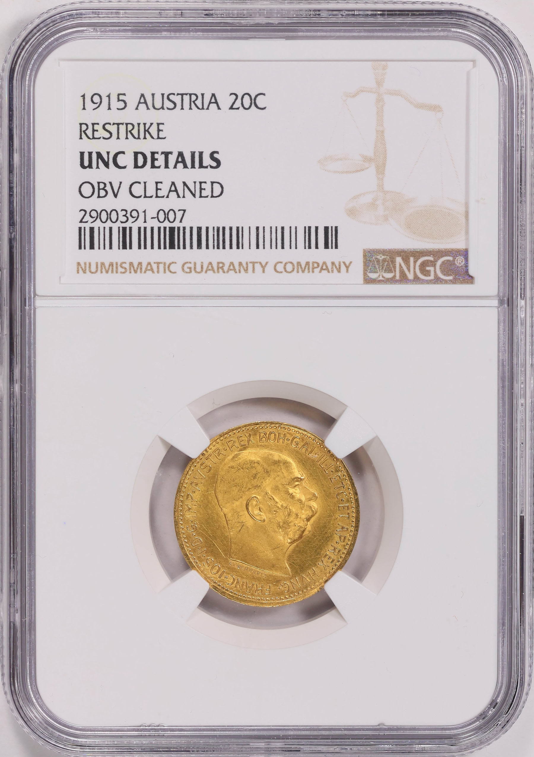 Austria 1915 Gold 20 Corona Restrike KM-2818 NGC Unc Details (AGW = 0. ...