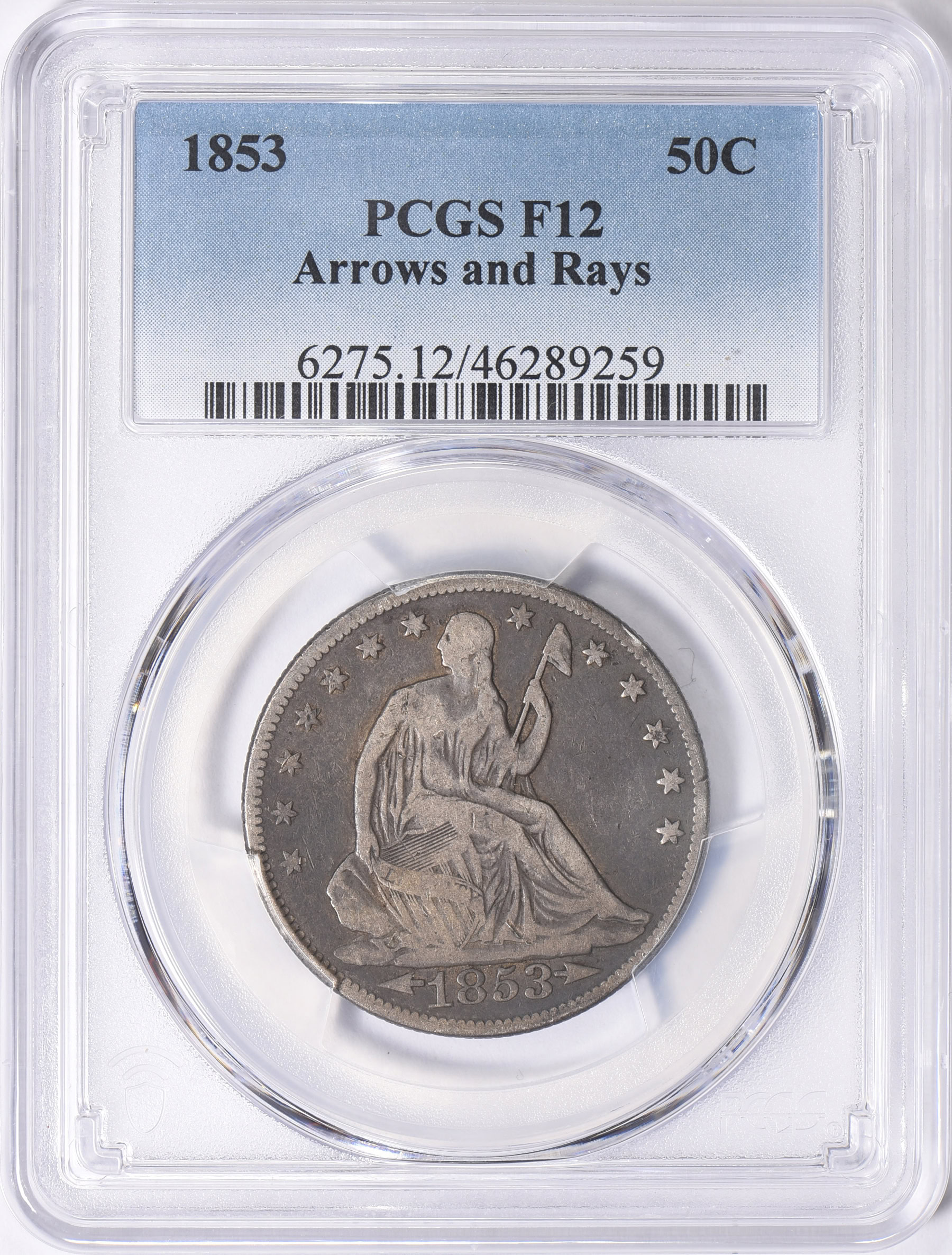 1853 Seated Liberty Half Dollar Arrows and Rays PCGS F-12 (Item 1745345) | GreatCollections Coin ...